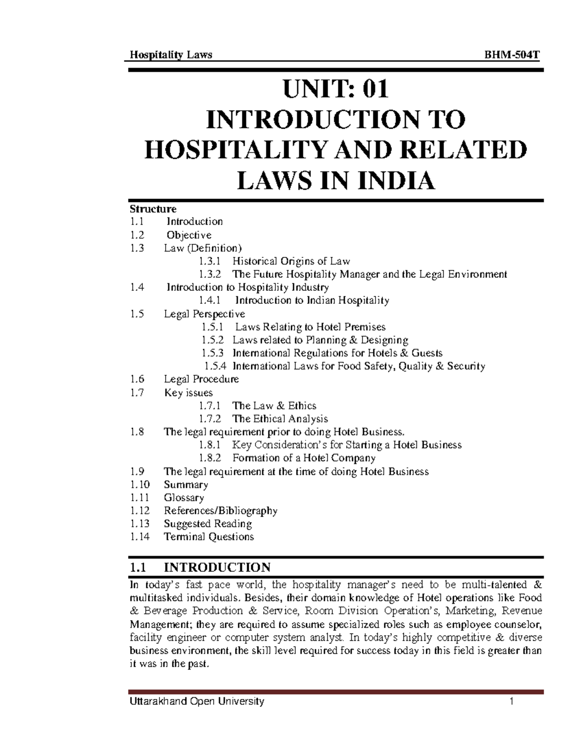 BHM-504T - Hotel operation laws - UNIT: 01 INTRODUCTION TO HOSPITALITY ...