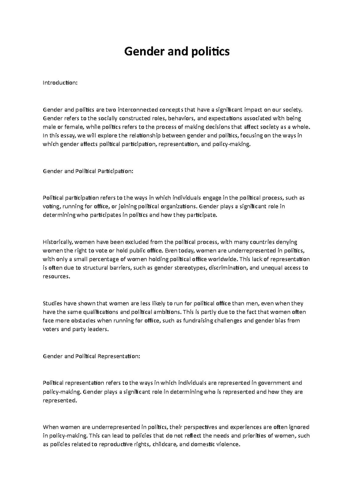 Gender and politics - Gender and politics Introduction: Gender and ...