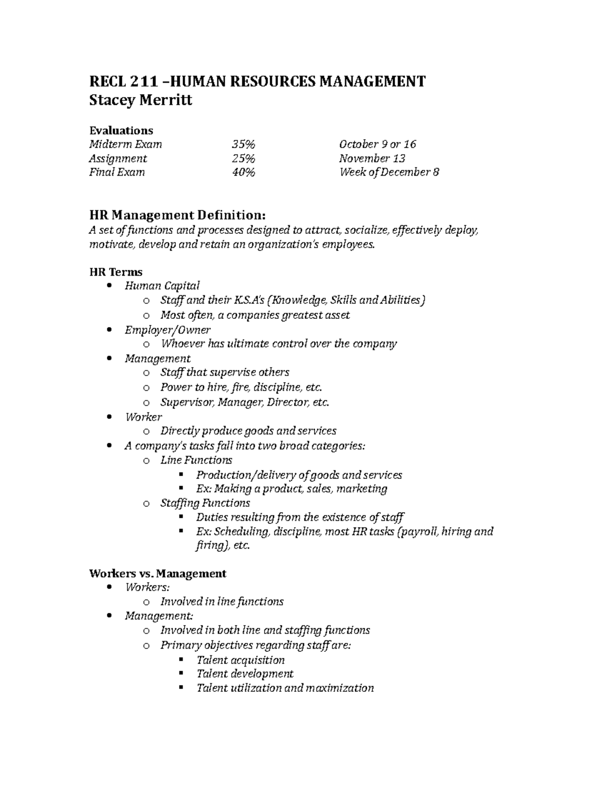 RECL 211 - Complete Overview and beginning stages of HR - RECL 211 ...