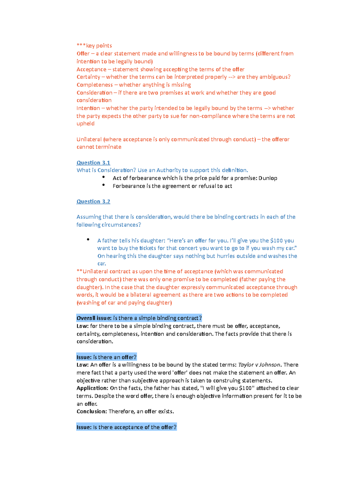 Week 3 Tutorial - ***key points Offer – a clear statement made and ...