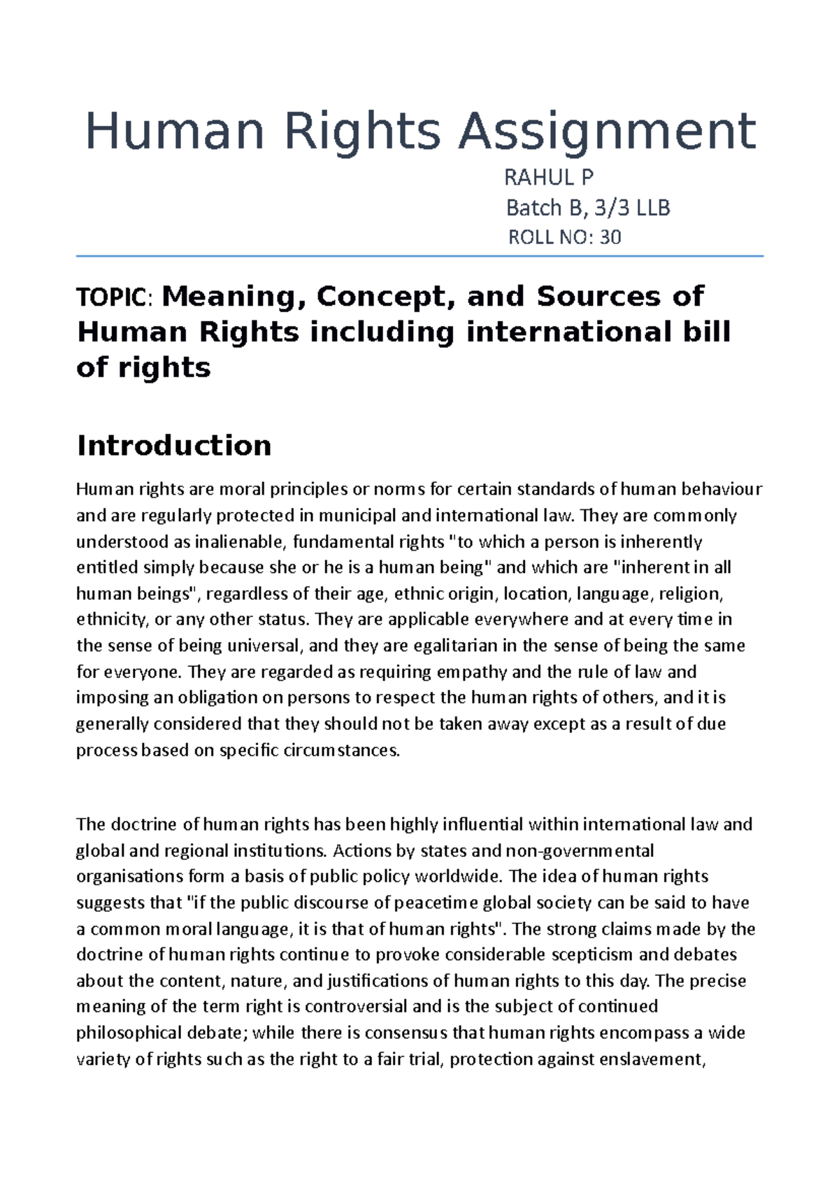 Human Rights Assignment - Human Rights Assignment RAHUL P Batch B, 3/3 ...