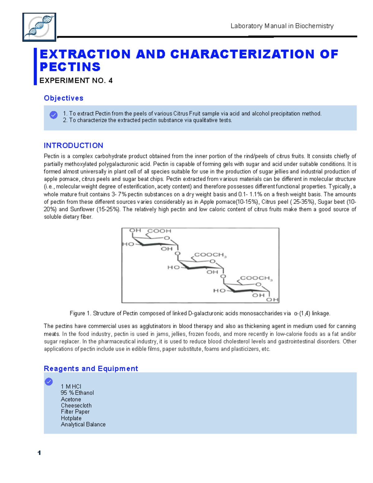 E4 Extraction and Characterization of Pectins - Objectives 1. To ...