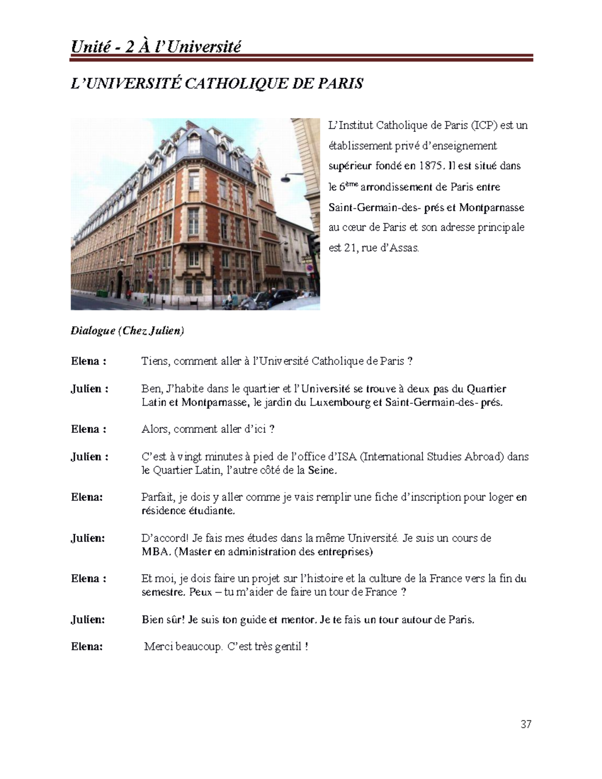French - Bienvenue Unit 2 - L’UNIVERSITÉ CATHOLIQUE DE PARIS L’Institut ...