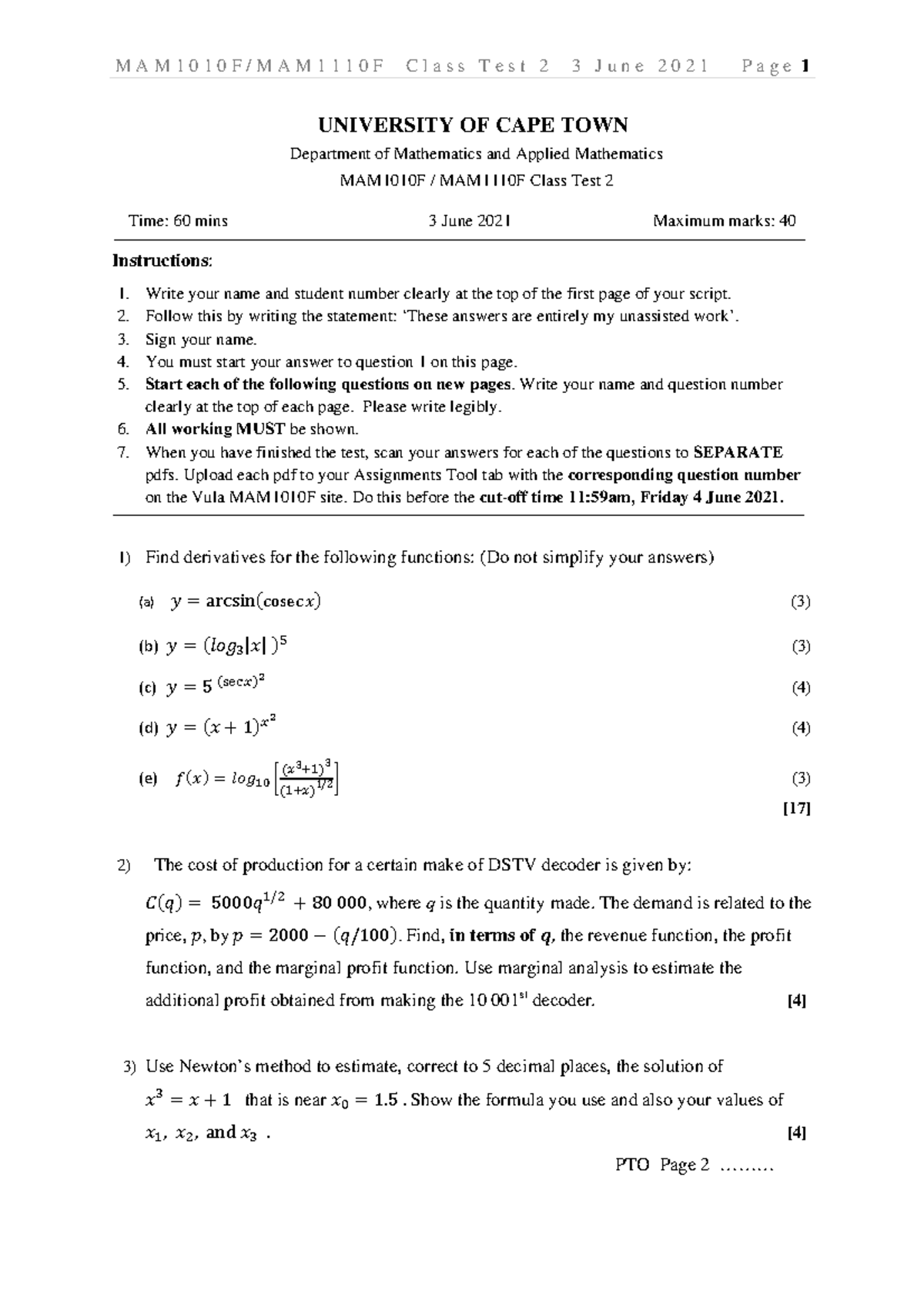 Class test 2 2021 - M A M 1 0 1 0 F / M A M 1 1 1 0 F C l a s s T e s t ...