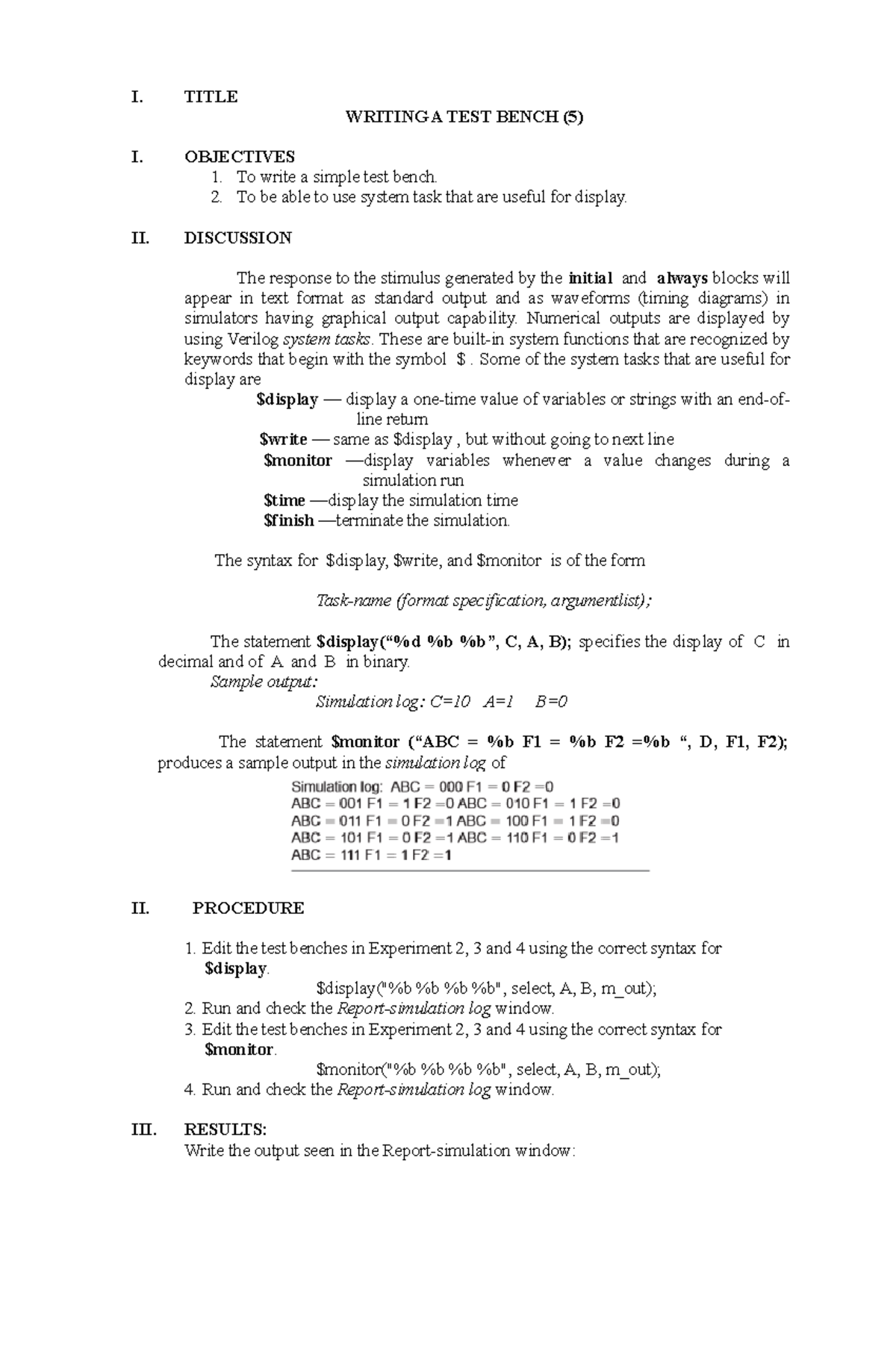 Writing A TEST Bench - I. TITLE WRITING A TEST BENCH (5) I. OBJECTIVES ...