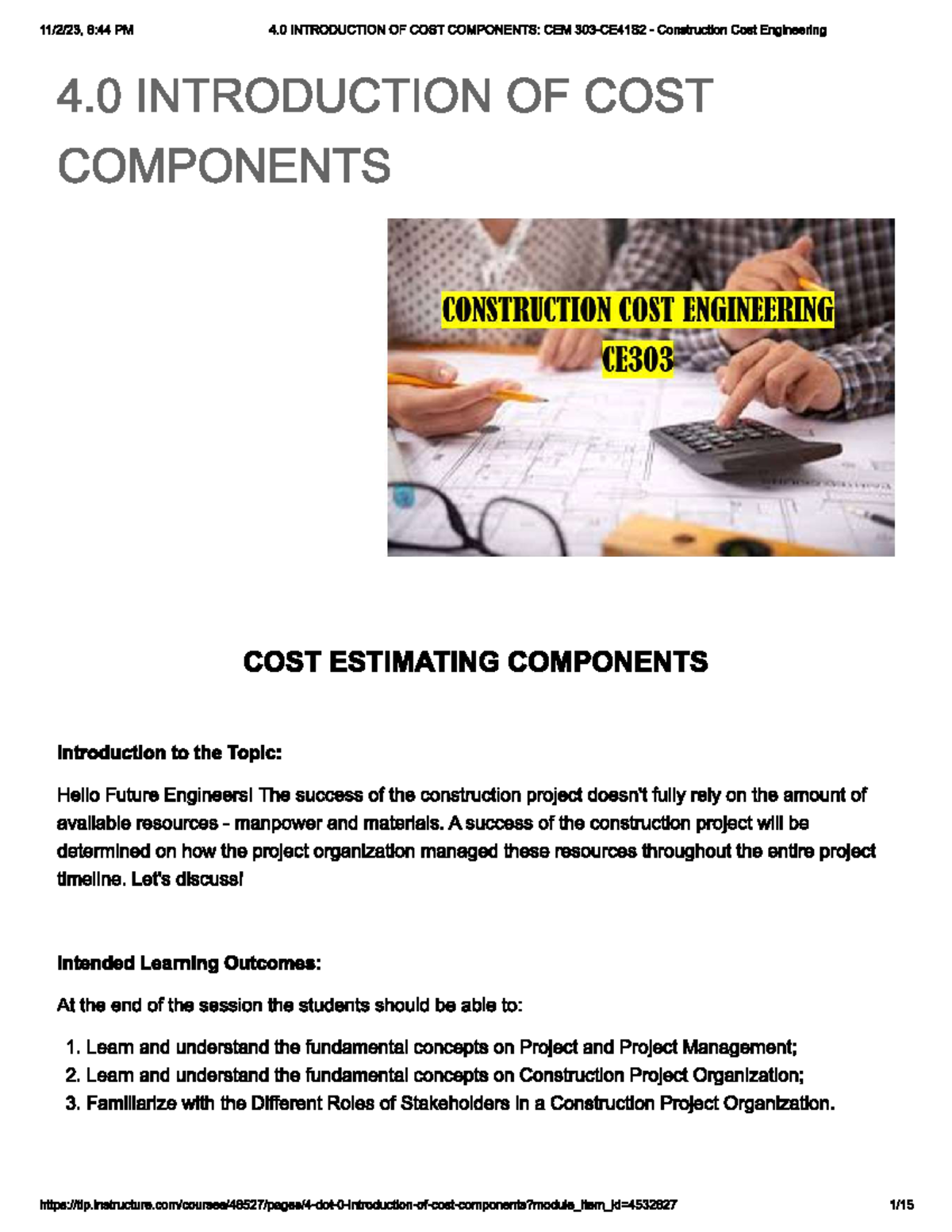 Module-4 - Introduction of cost components - BS-Civil Engineering - Studocu