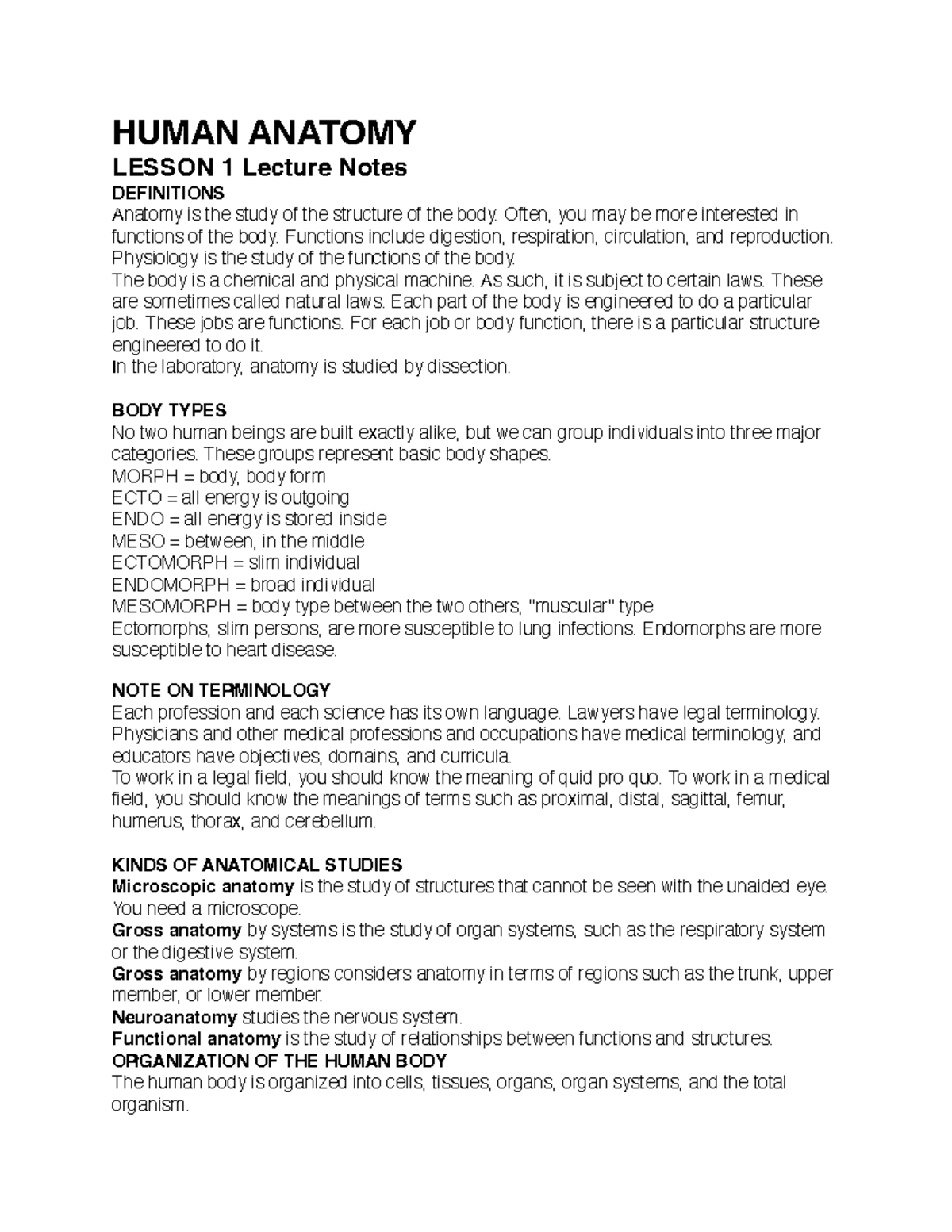 Anat 1 - terminology anatomy class notes - HUMAN ANATOMY LESSON 1 ...