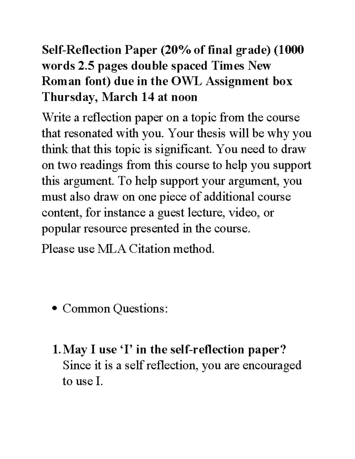 Common Questions Self-Reflection Paper - Self-Reflection Paper (20% of final grade) ( words 2 ...