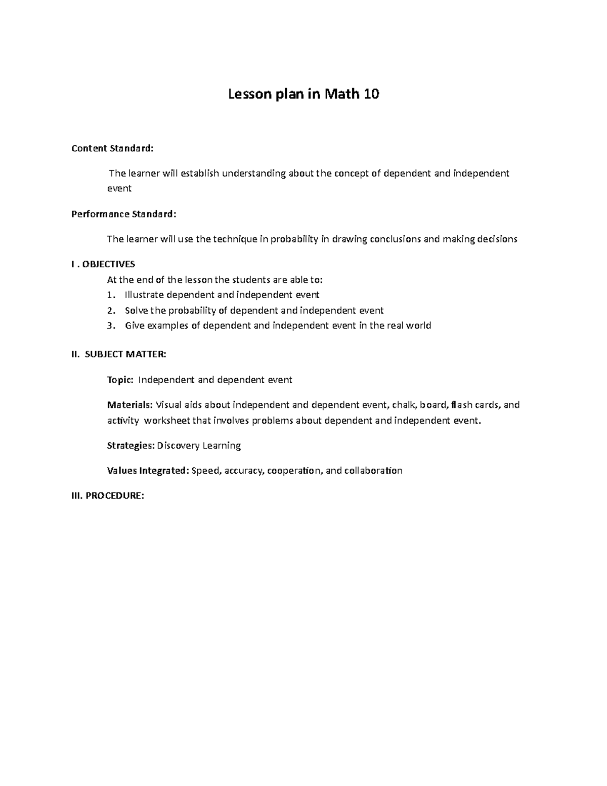 Lesson Plan Math 10 Independent And Dependent Event 1 Lesson Plan In