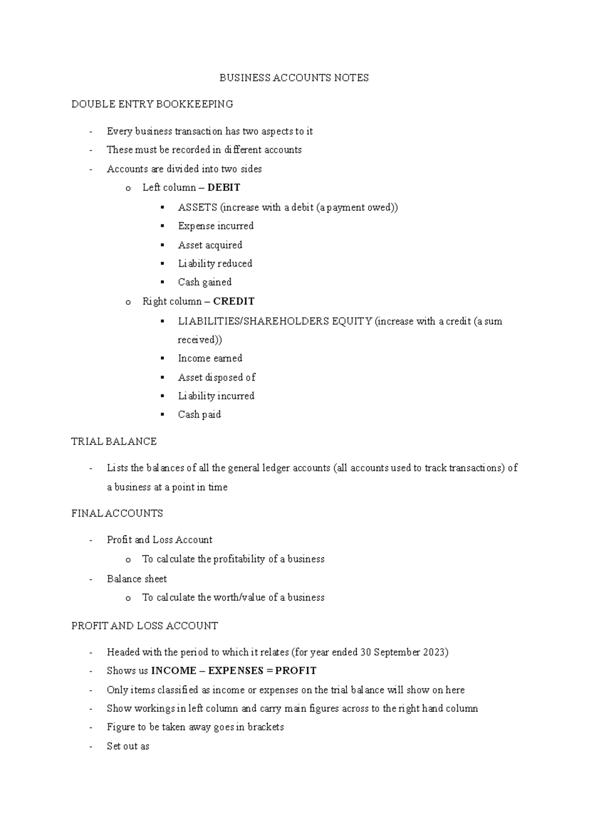 Business Accounts Notes - BUSINESS ACCOUNTS NOTES DOUBLE ENTRY ...