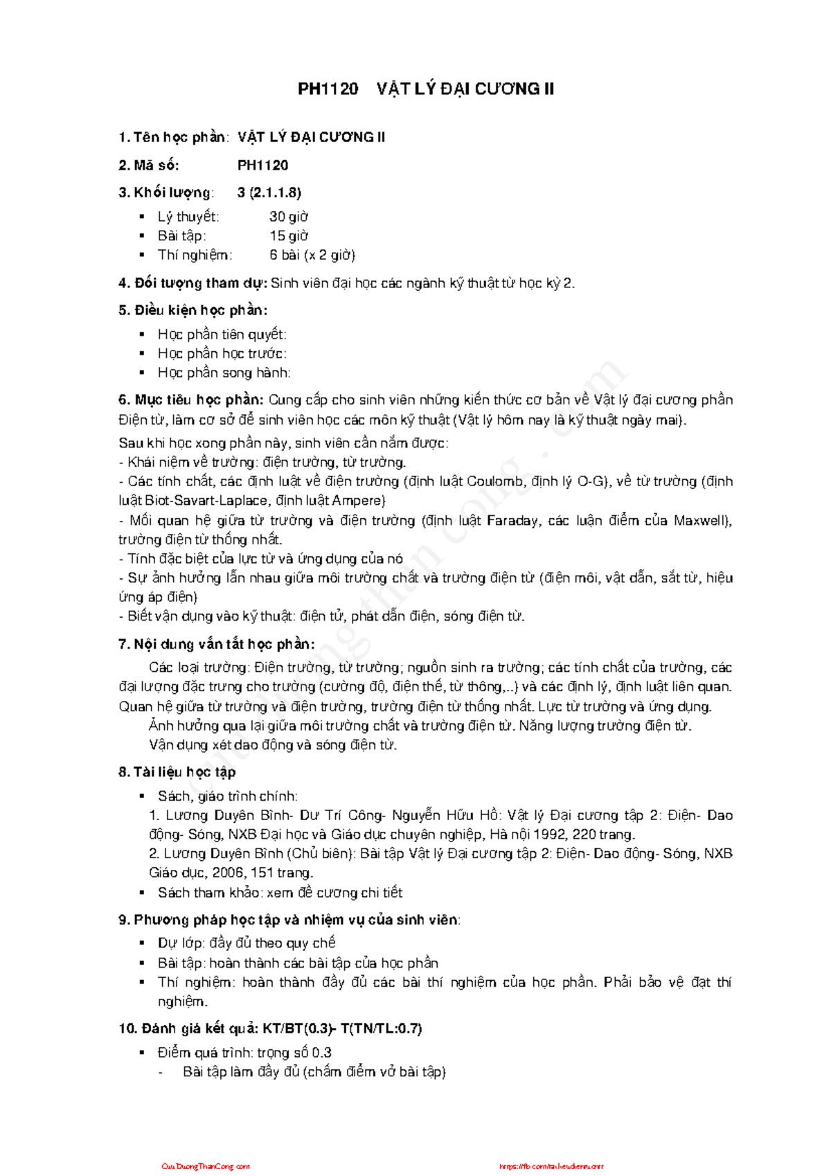 De cuongvat ly dai cuong 2 ph1120 - PH1120 V T LÝ ð I CƯƠNG II Tên h c ph n: V T LÝ ð I CƯƠNG II ...