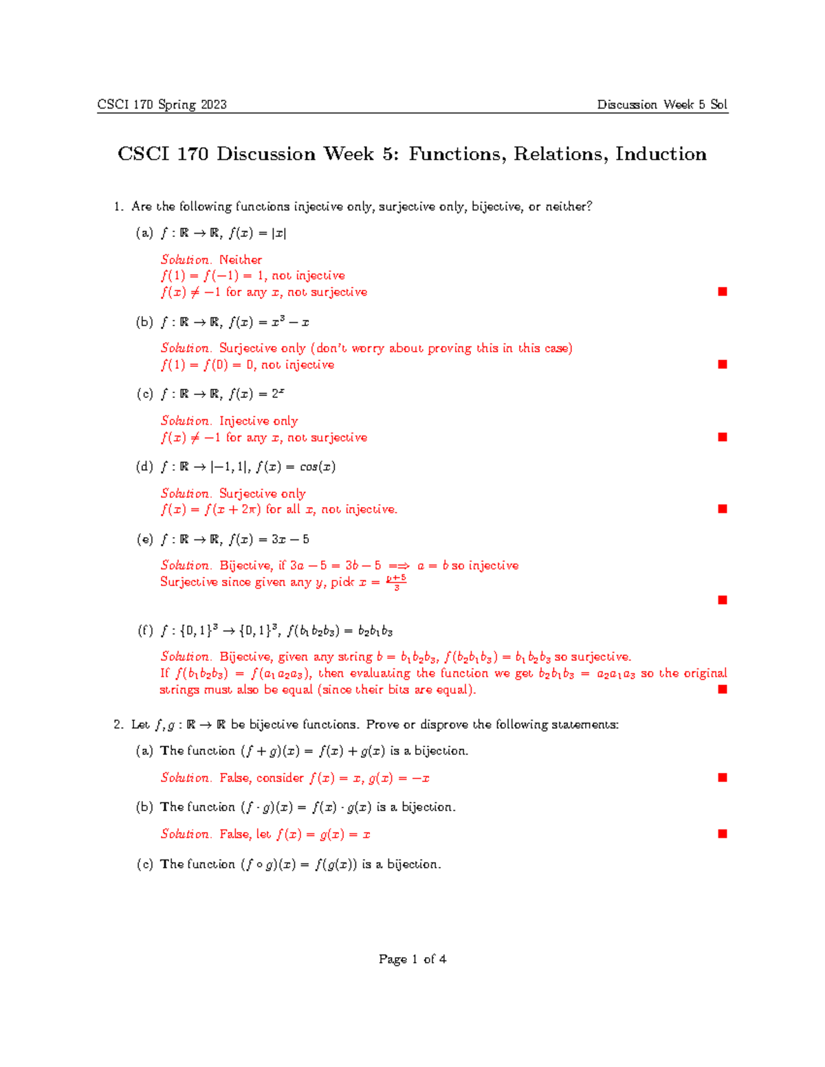 Practise Worksheet Solutions - CSCI 170 Discussion Week 5: Functions, Relations, Induction Are ...