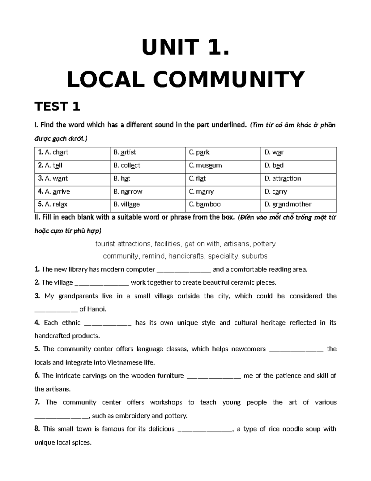 1. UNIT 1. Local Community - UNIT 1. LOCAL COMMUNITY TEST 1 I. Find the ...