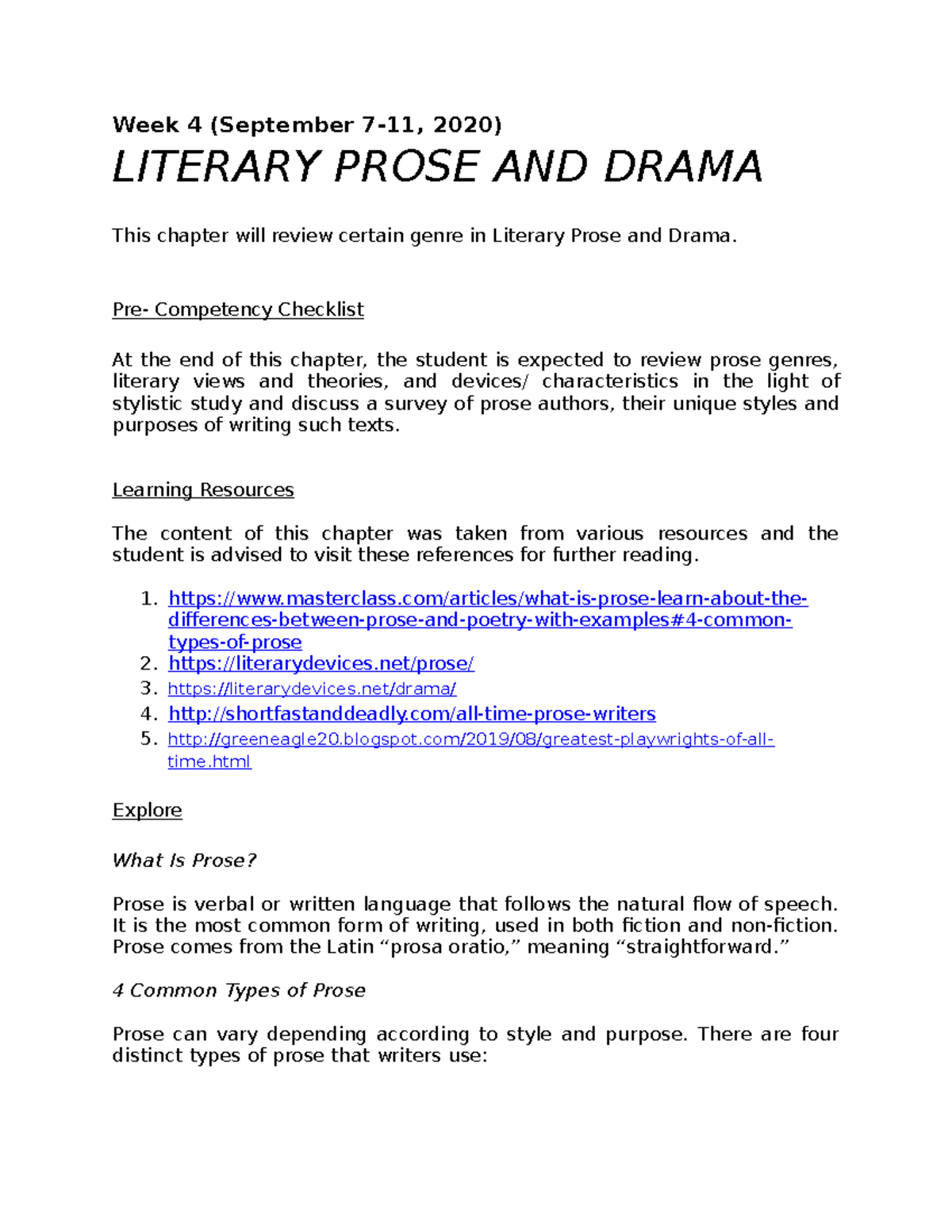Literary Prose and Drama - Pre- Competency Checklist At the end of this ...