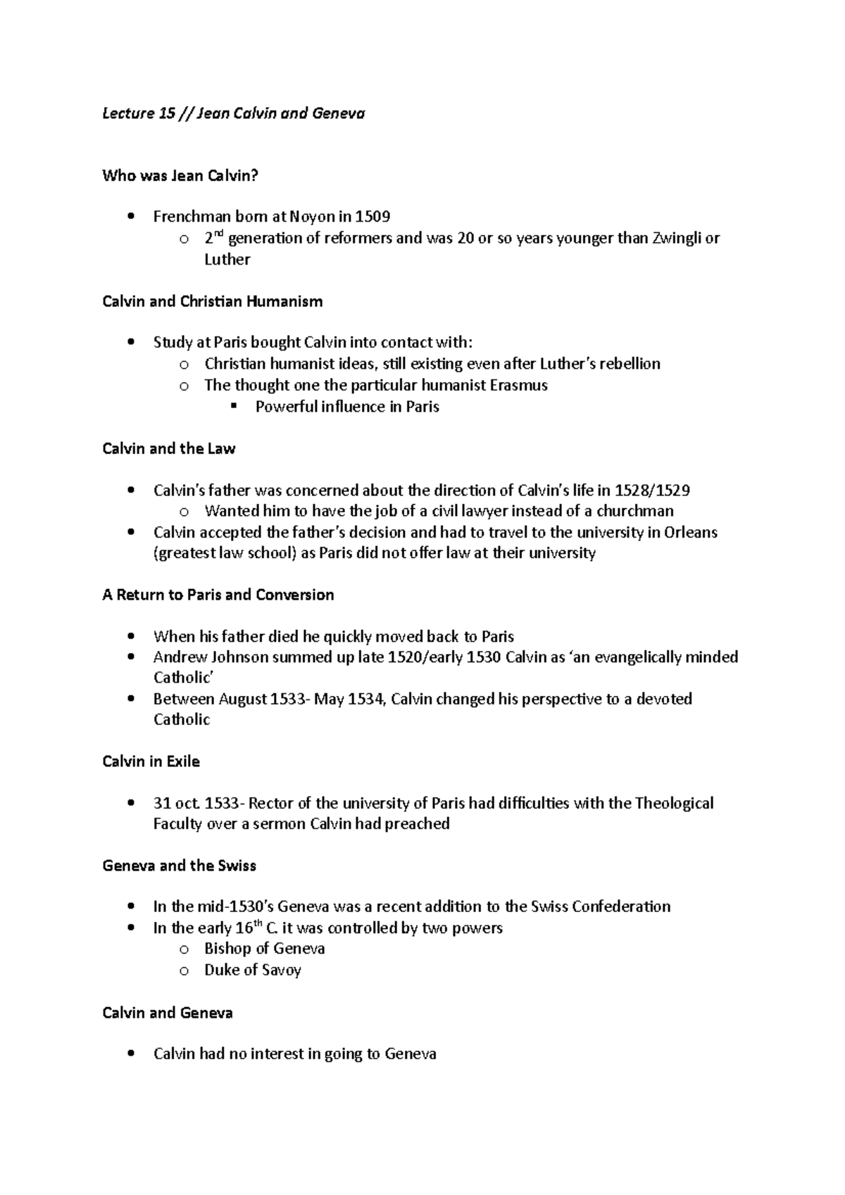 Jean Calvin and Geneva - Lecture 15 // Jean Calvin and Geneva Who was ...