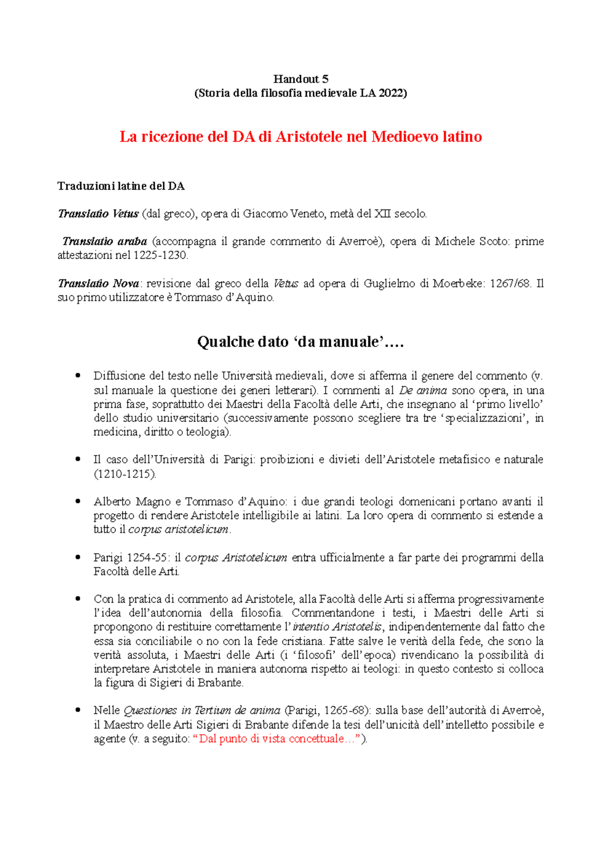 Schema ricezione de anima SFM LA 2022 - Handout 5 (Storia della ...