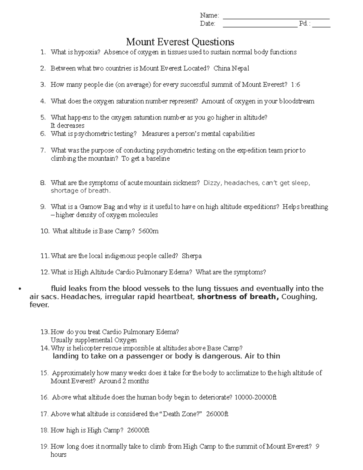 Mount Everest Questions v-3 - Name: ______________________________ Date