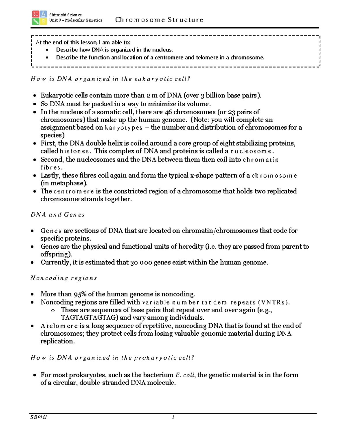 UNIT 3 - Molecular Genetics Package - H o w i s D N A o r g a n i z e d ...