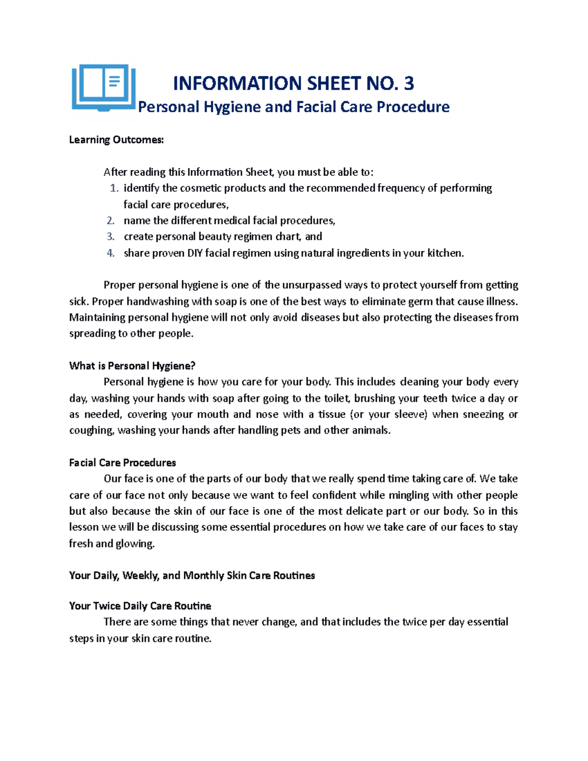 TLE IC 5 INFO Sheet 3 Personal Hygiene and Facial Care Procedure ...