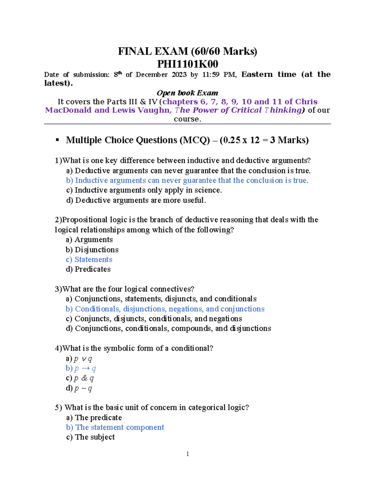 Final Exam -PHI1101 K00 - FINAL EXAM (60/60 Marks) PHI1101K Date of ...