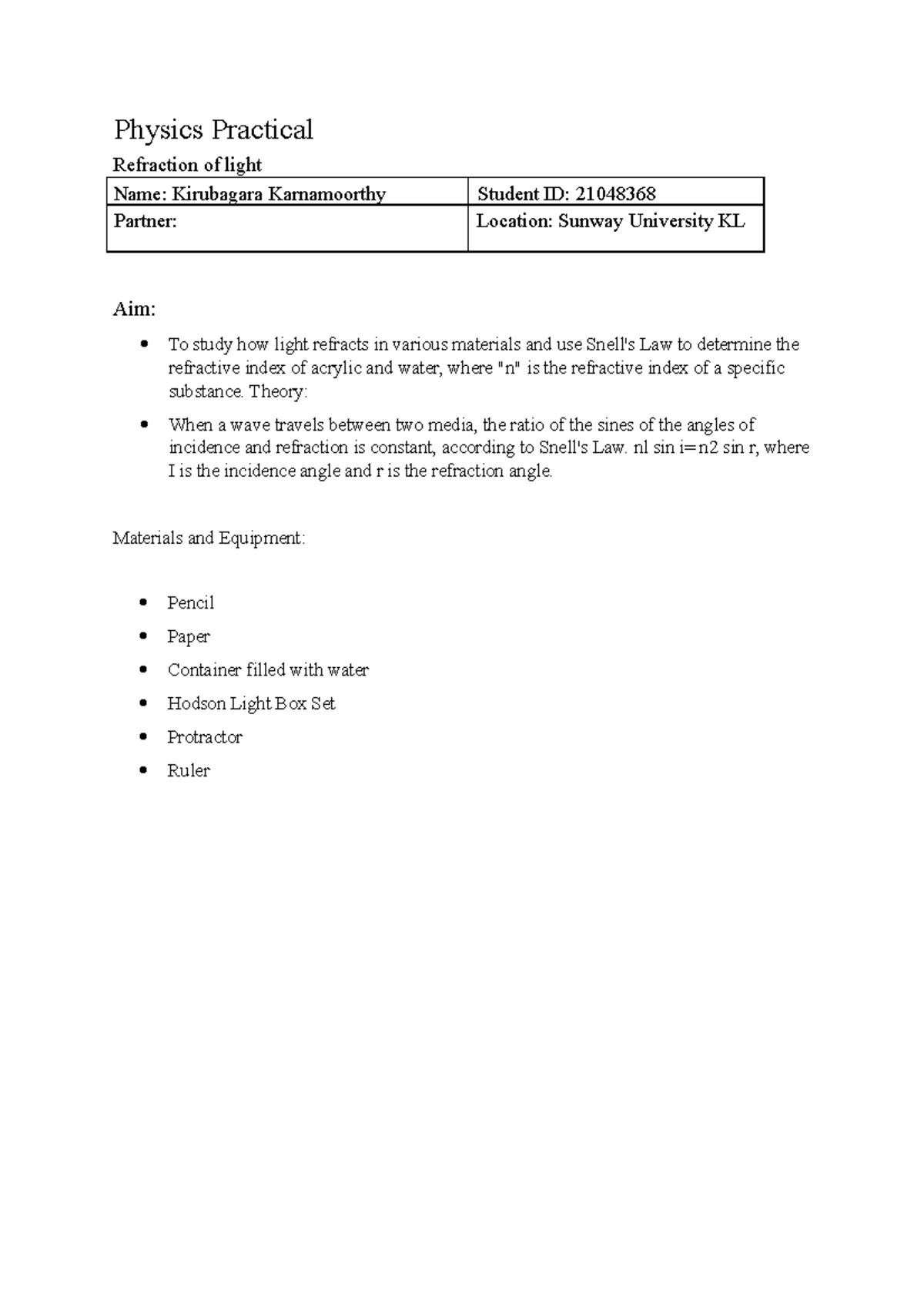 Physics refraction report - Physics Practical Refraction of light Name ...