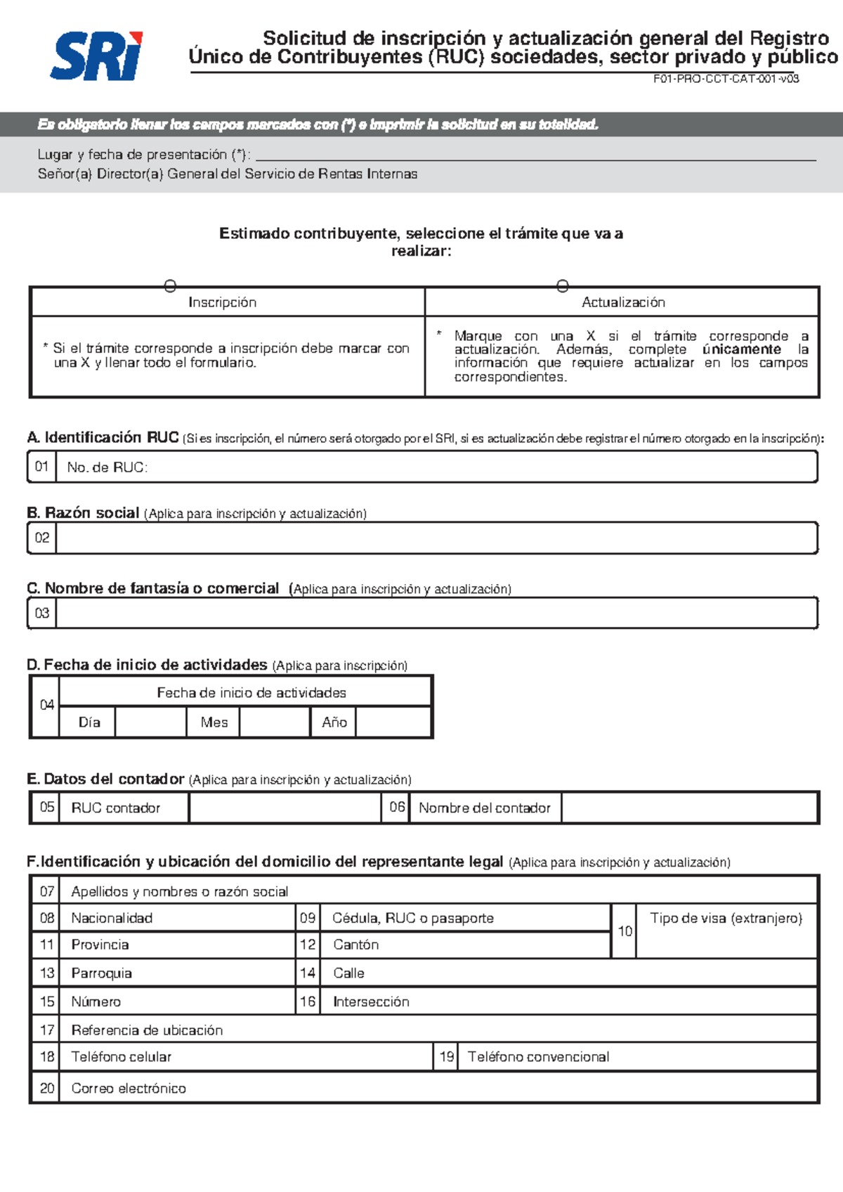 Formulario Inscripcio N Y Actualizacio N DE LA Informacio N DEL RUC Y ...