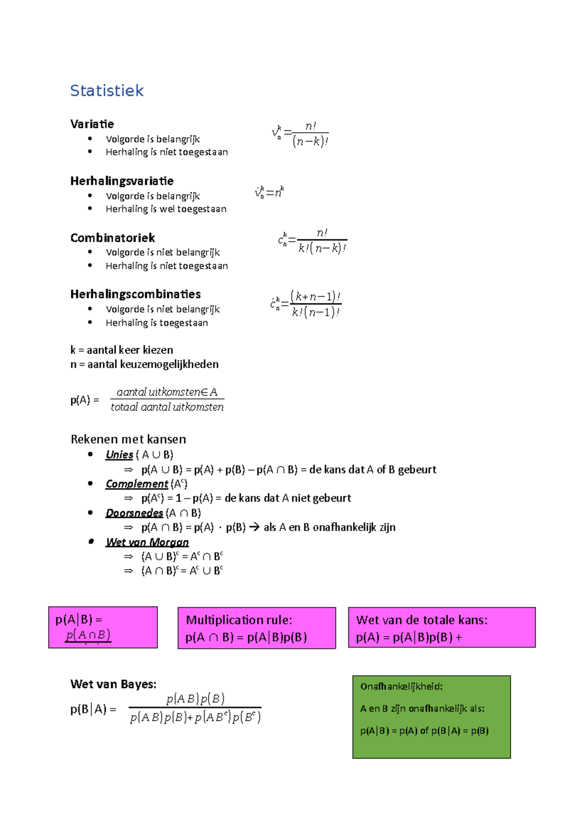 Formules - Samenvatting Statistiek en data-analyse - Statistiek Variatie Volgorde is belangrijk ...