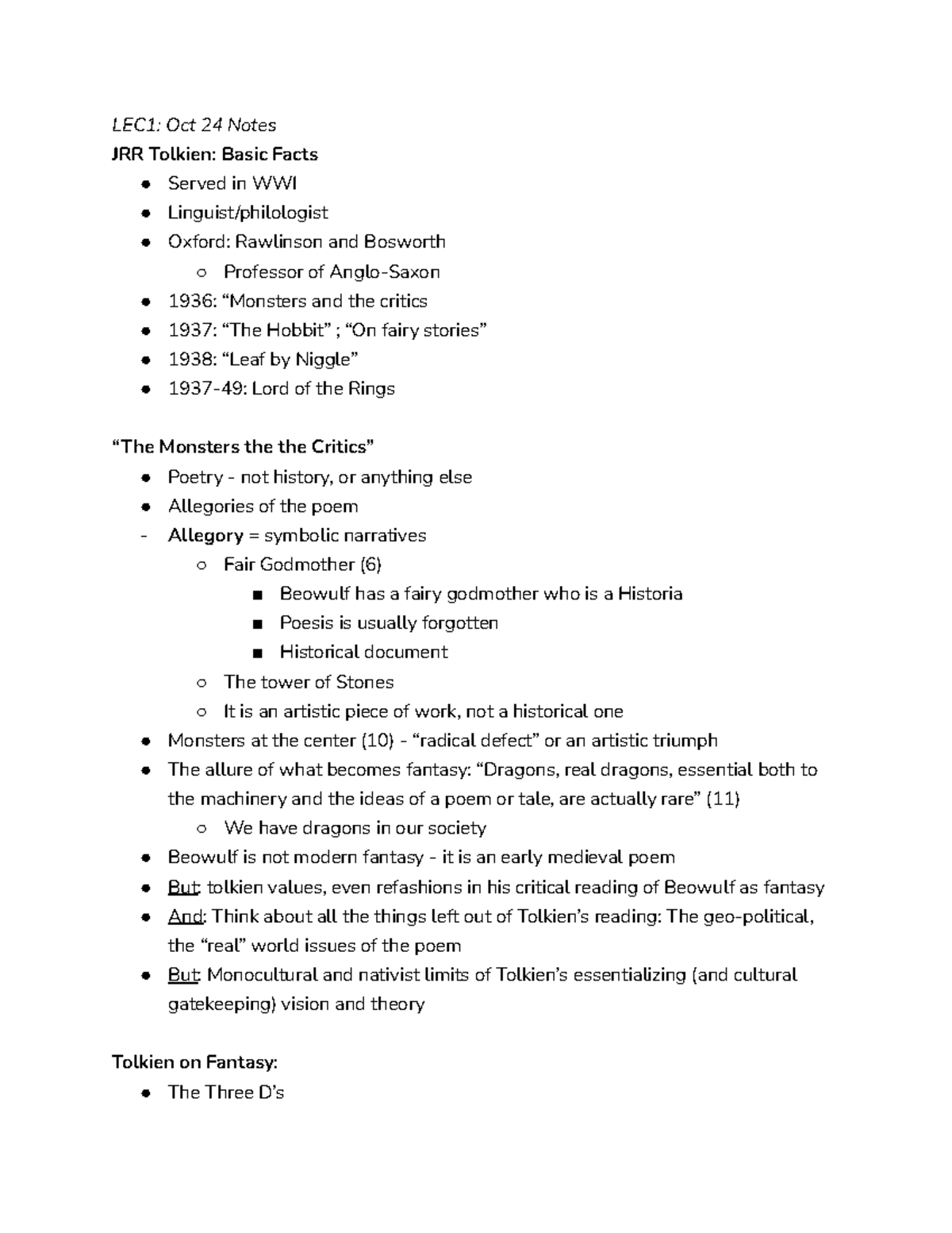 (E. 177) - Tolkien Notes - LEC1: Oct 24 Notes JRR Tolkien: Basic Facts ...