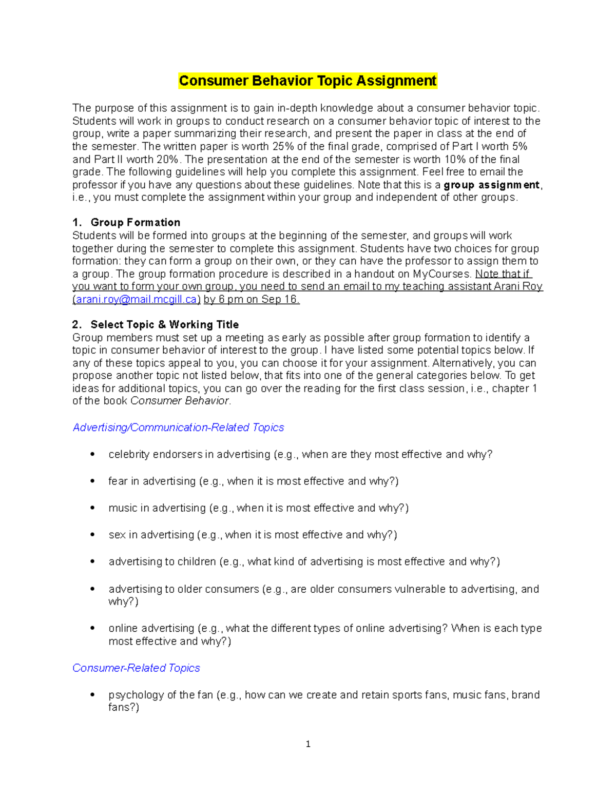 Consumer Behavior Topic Assignment Handout - Consumer Behavior Topic ...