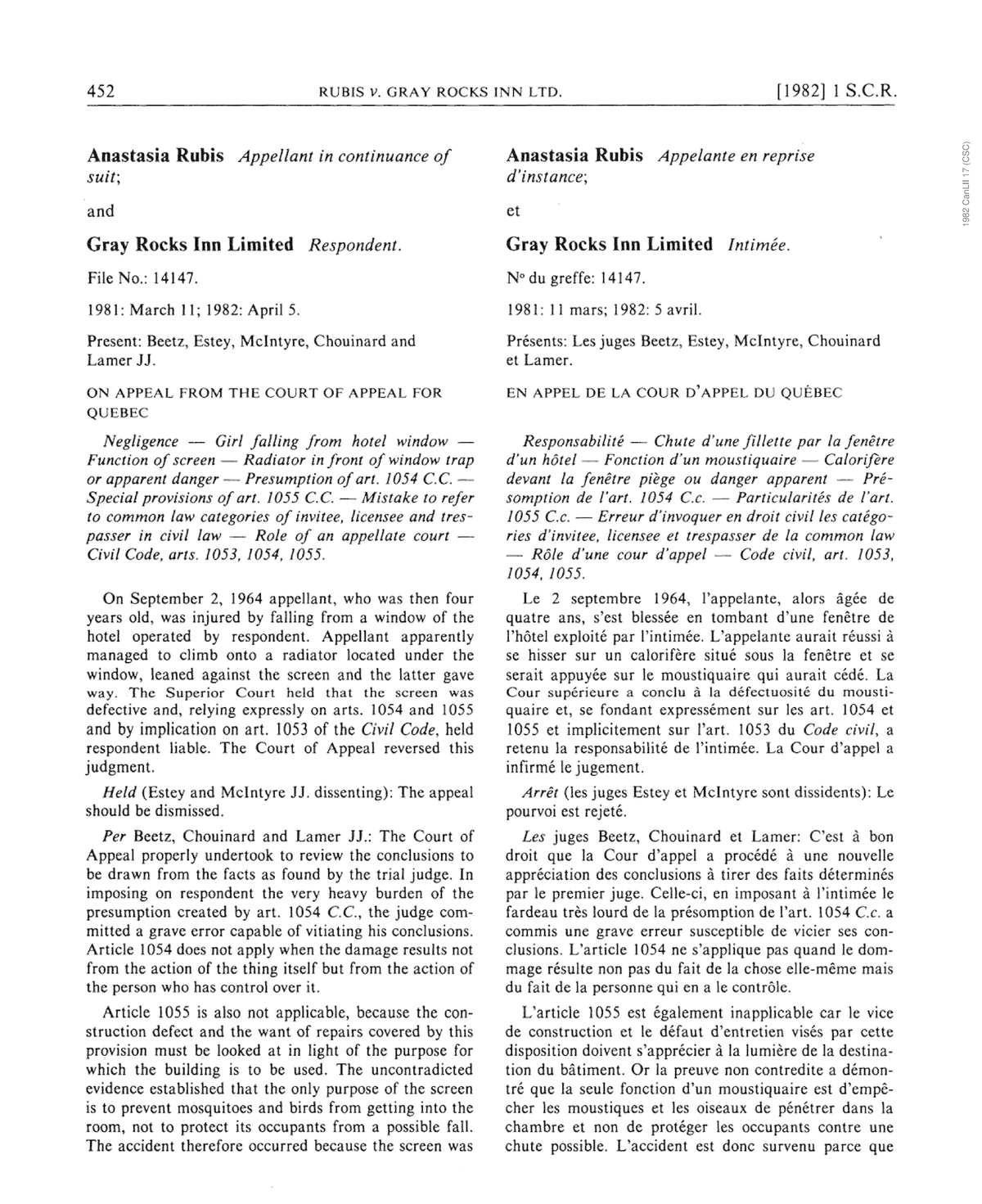 Rubis c. Gray Rocks Inn Ltd., [1982] 1 RCS 452 - DRT205 - USherbrooke ...