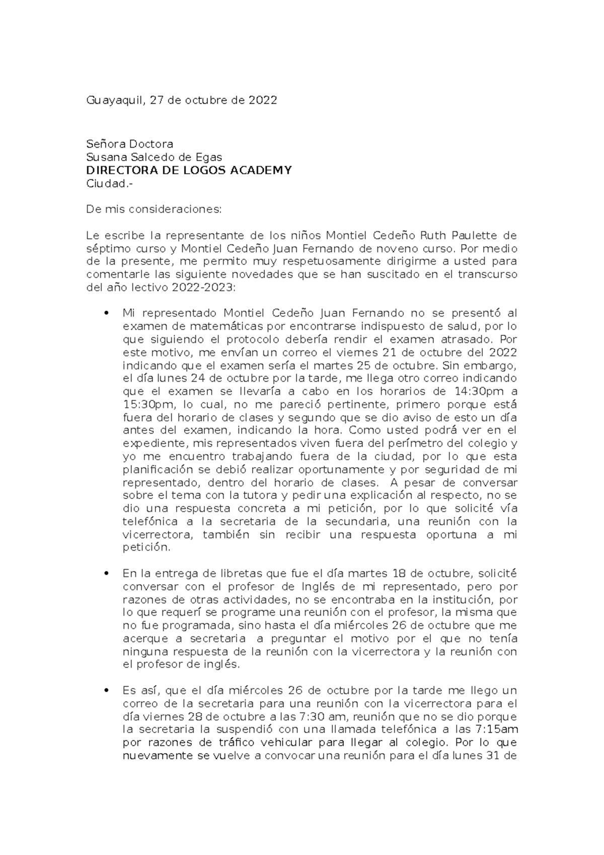 Estimada Miss Susana Salcedo - Guayaquil, 27 de octubre de 2022 Señora ...