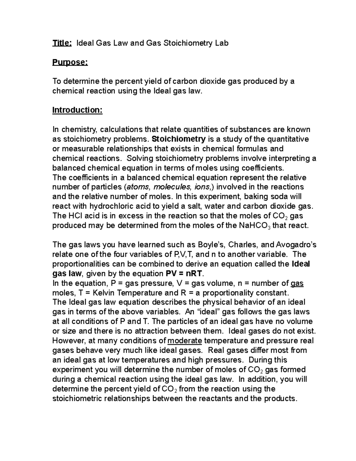 Lab Report - Organic Chemistry - Title: Ideal Gas Law and Gas ...