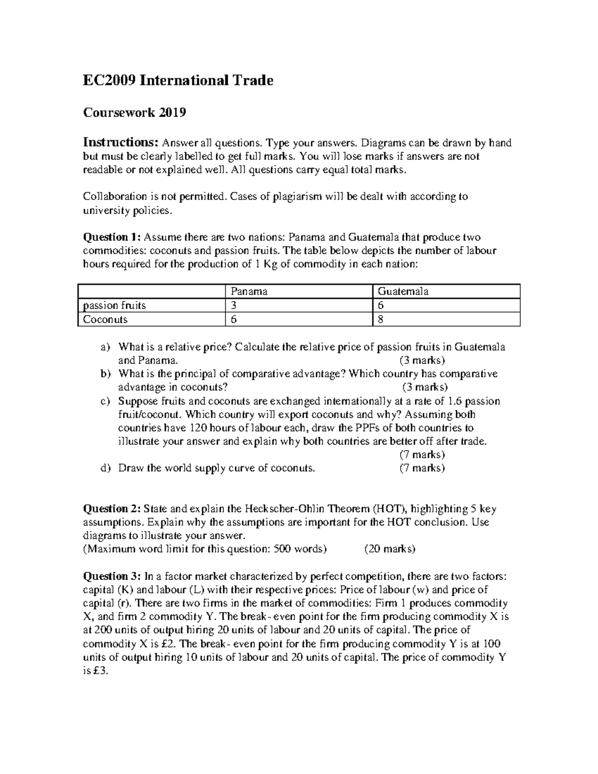 EC2009 coursework task 2019 - EC2009 International Trade Coursework ...