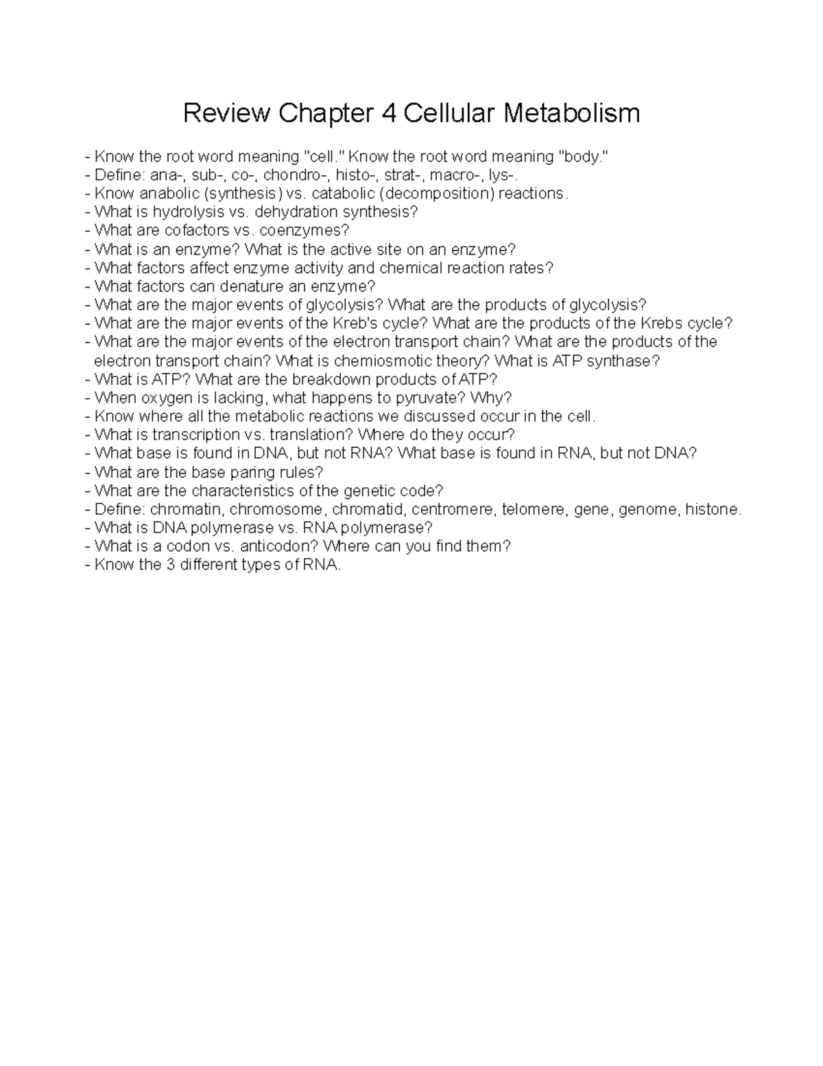 BIO 111 112 114 Exam Review Chapter 4 Cellular Metabolism - Review ...