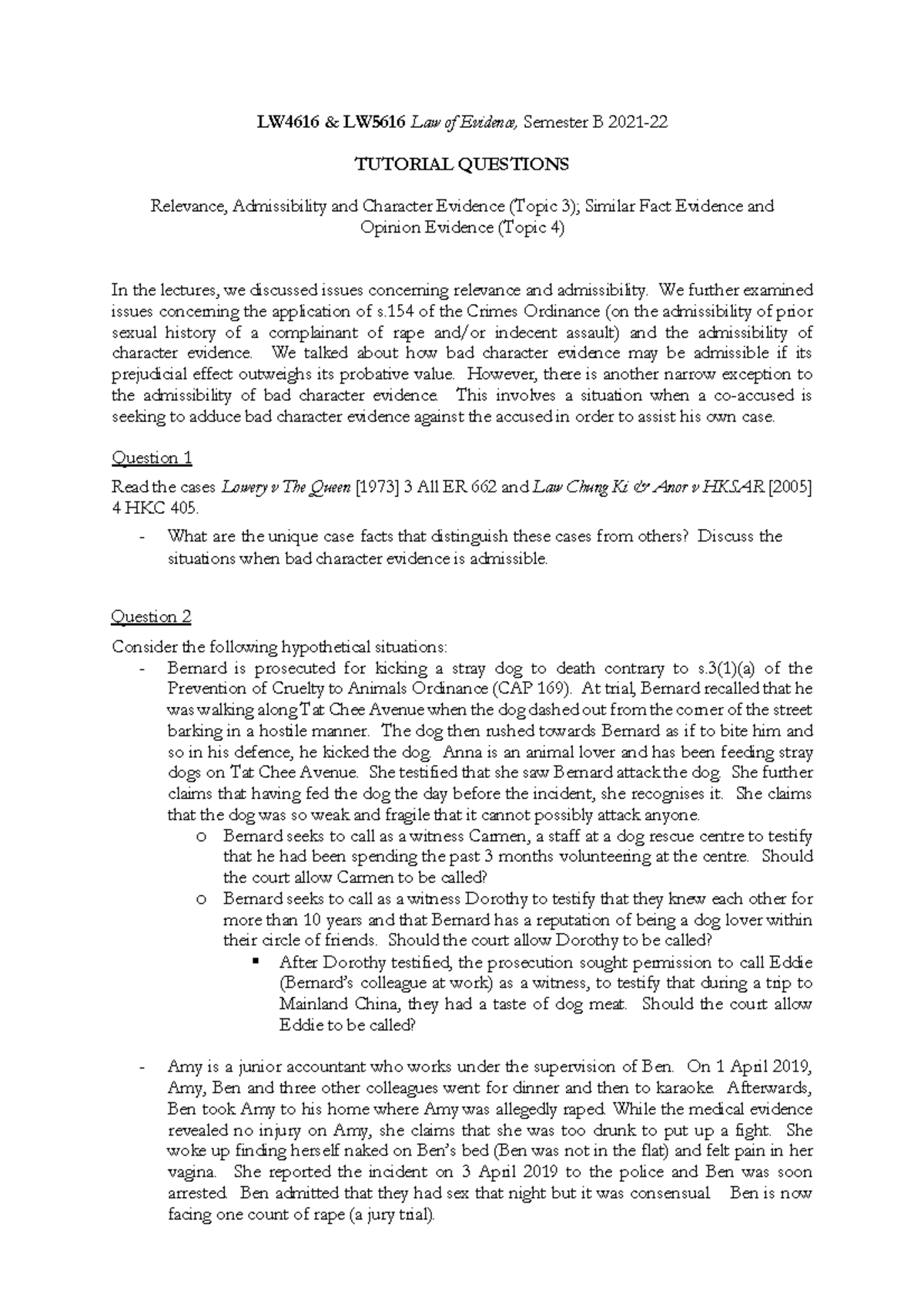 Updated Tutorial Topics 3 and 4 - LW4616 & LW5616 Law of Evidence ...