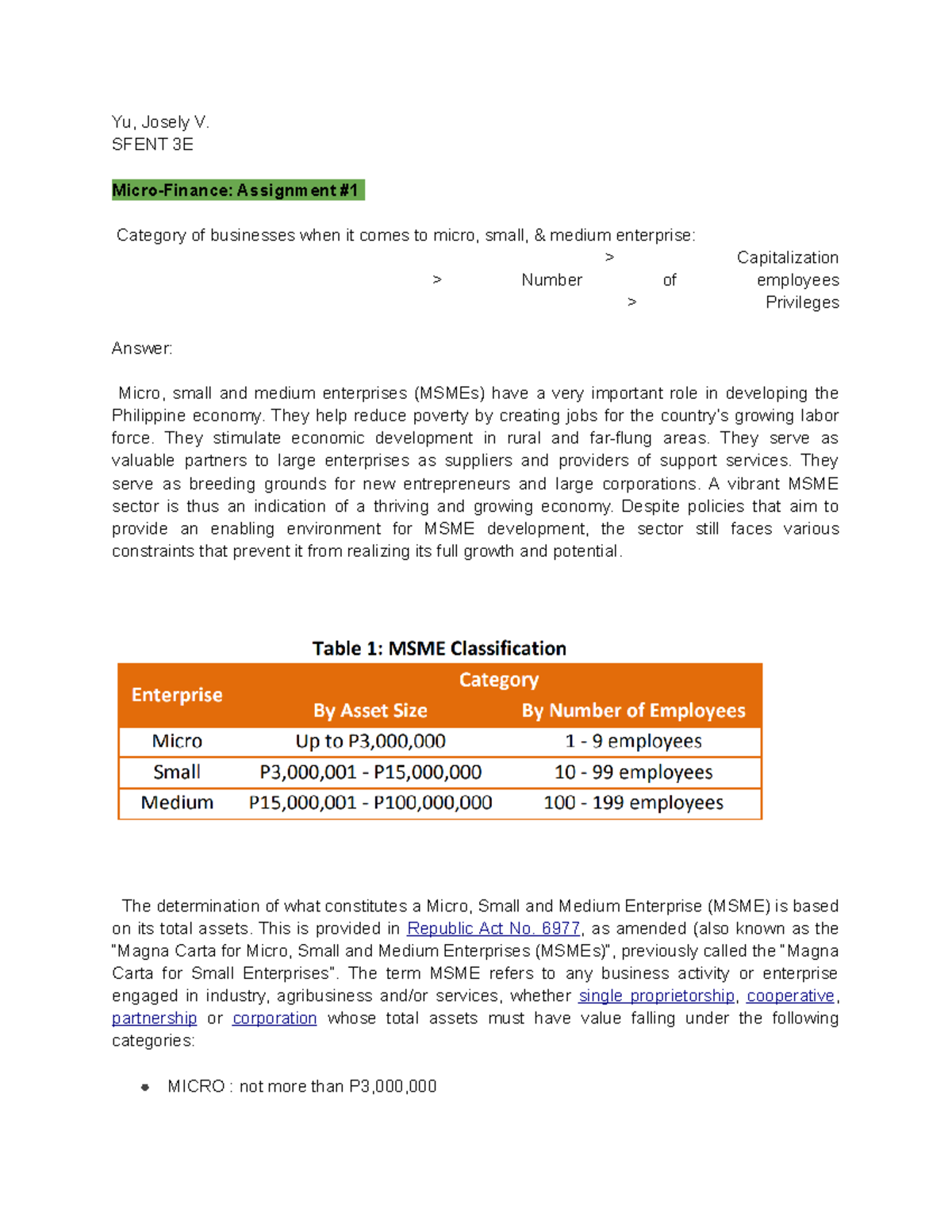 Yu, Josely- Micro-Finance - Yu, Josely V. SFENT 3E Micro-Finance ...