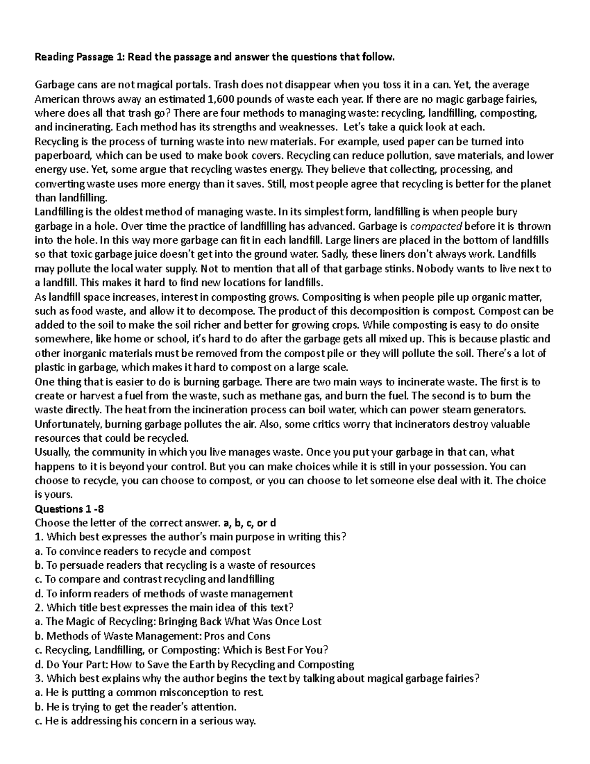 Reading Practice Final 2 - Reading Passage 1: Read the passage and ...