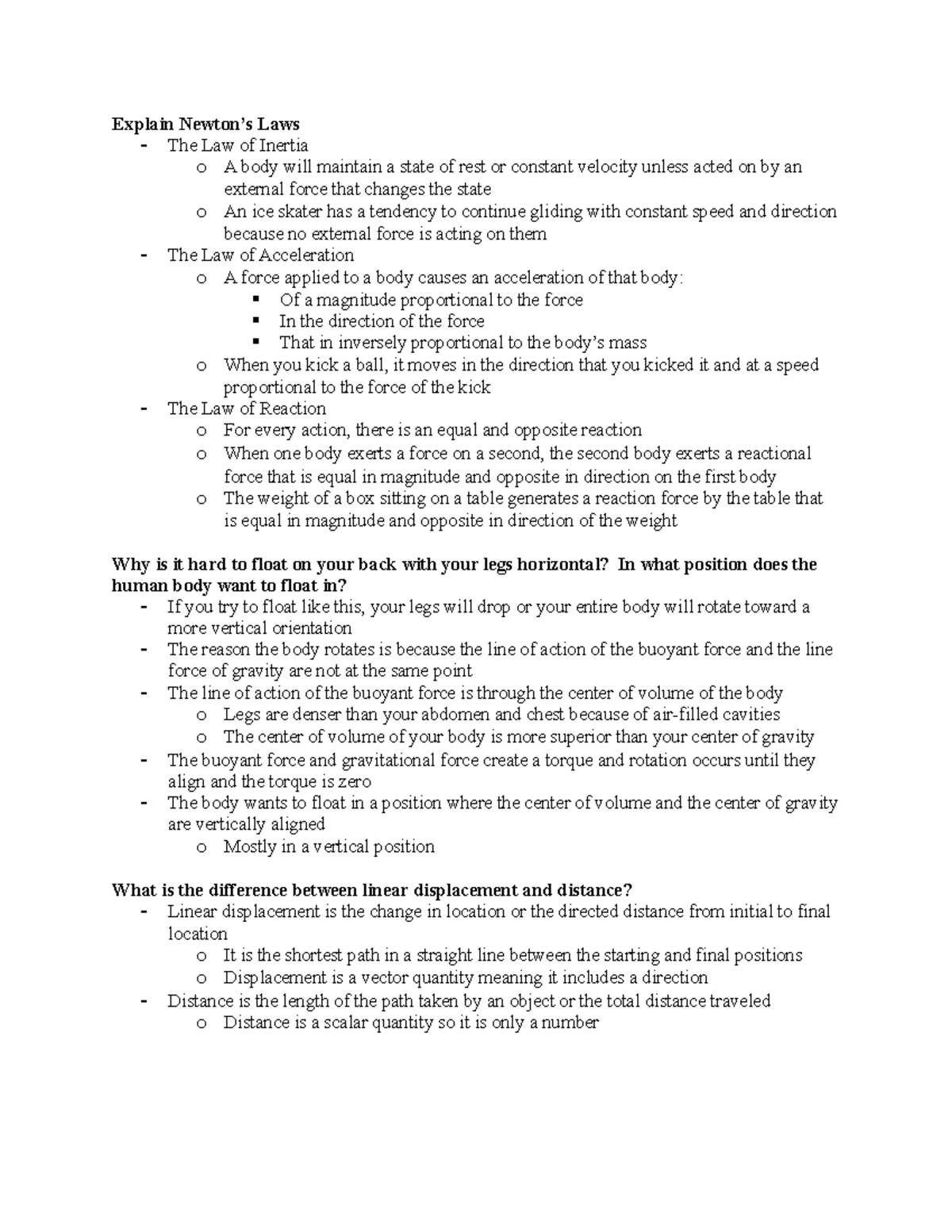 Biomechanics - Exam 3 Study Guide - Explain Newton’s Laws The Law of ...