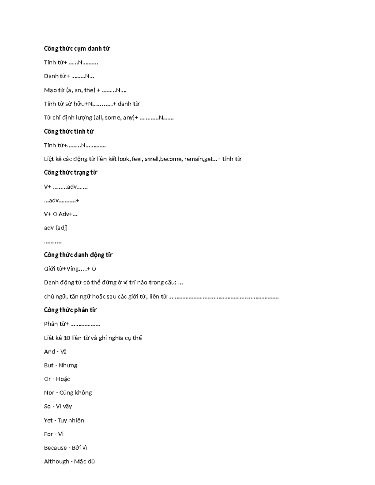 BÀI KIỂM TRA LÝ THUYẾT - bhhjh - Công thức cụm danh từ Tính từ ...