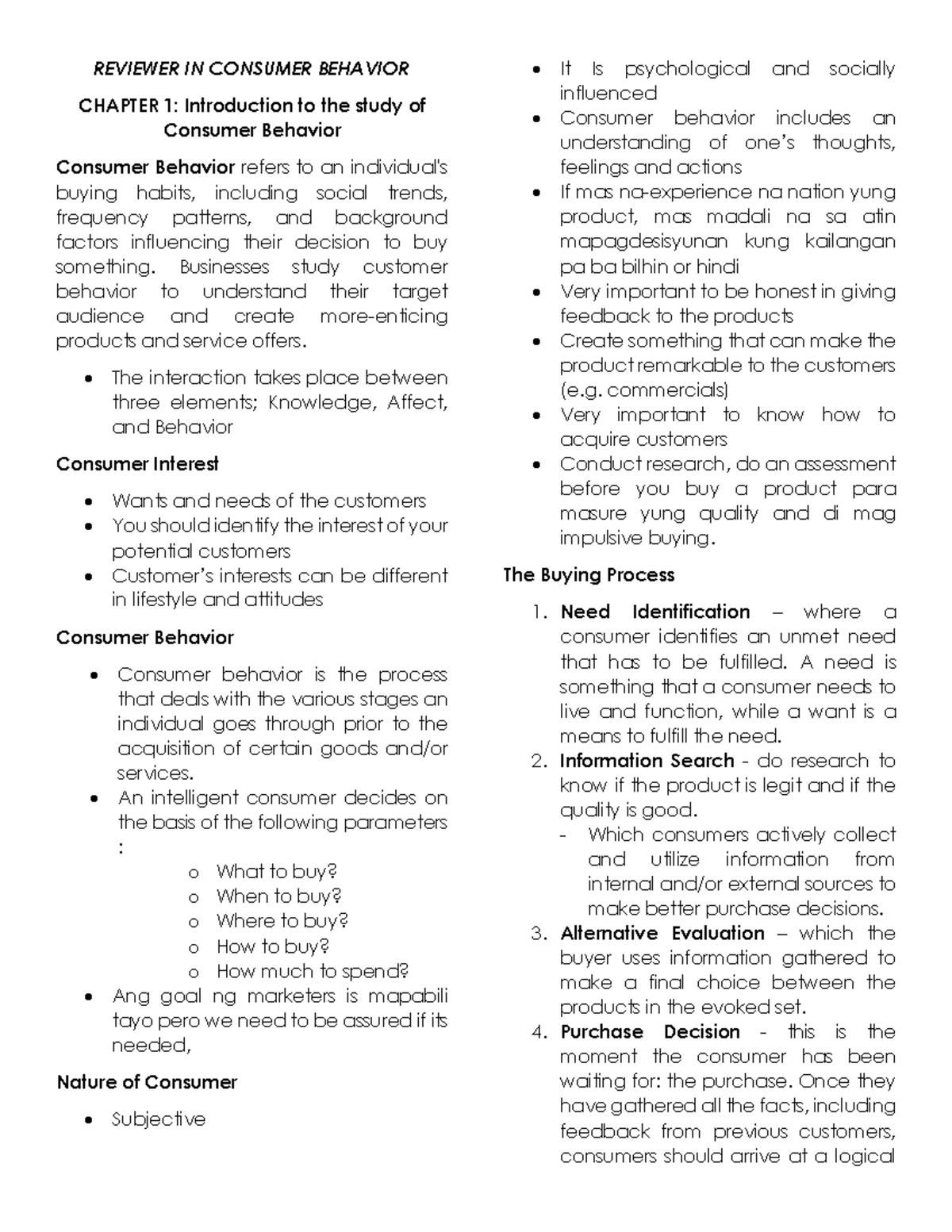 Reviewer IN Consumer Behavior - REVIEWER IN CONSUMER BEHAVIOR CHAPTER 1 ...