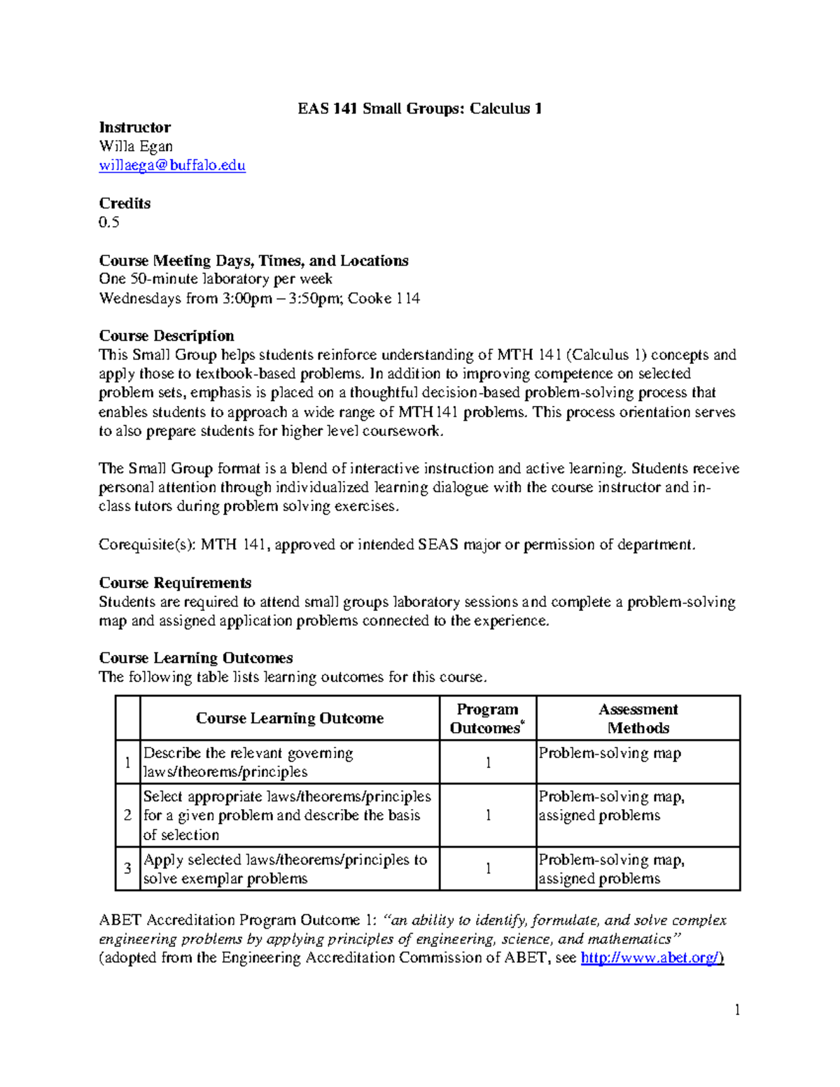 EAS141 Syllabus Section 1 - 1 EAS 141 Small Groups: Calculus 1 ...