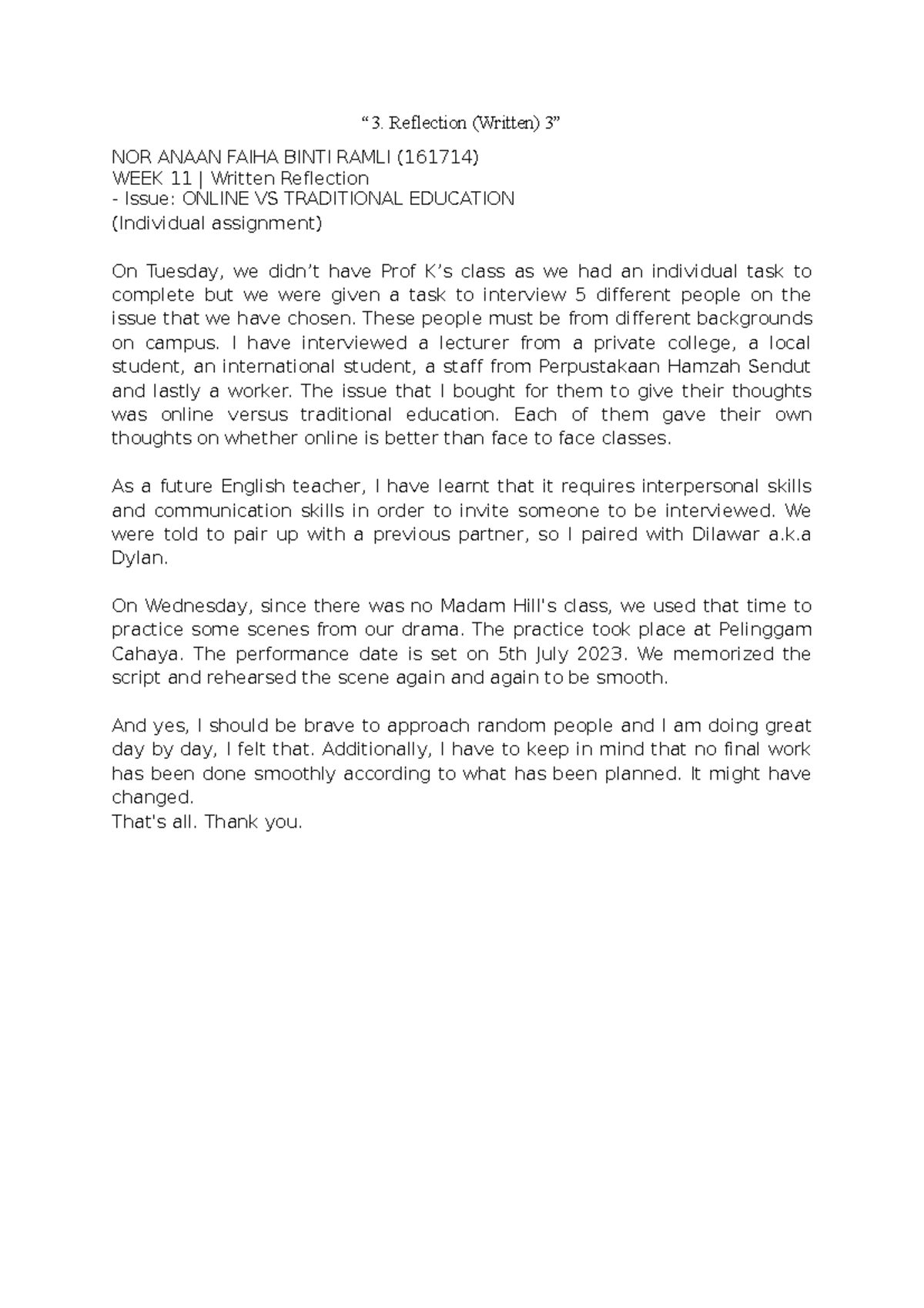 Reflection (Written) 3 - “3. Reflection (Written) 3” NOR ANAAN FAIHA ...