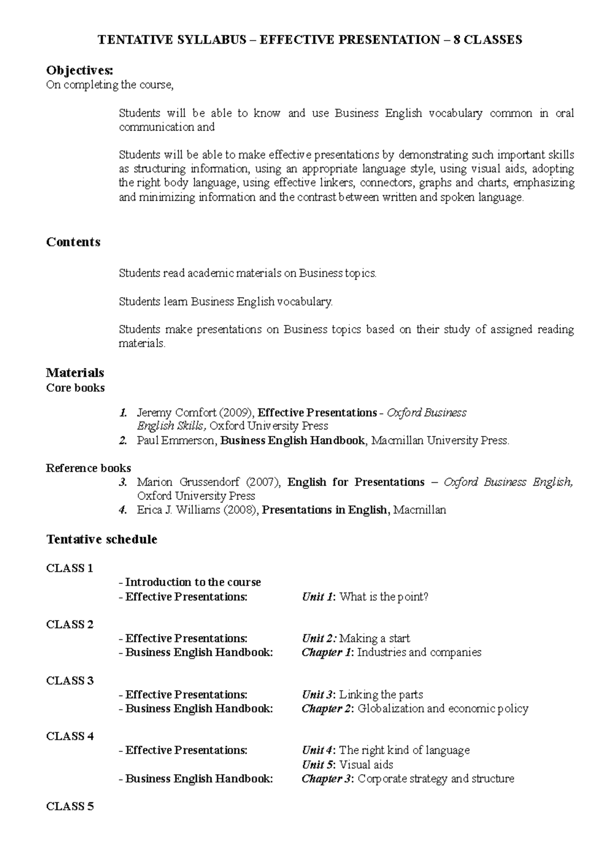Tentative Syllabus Effective Presentation 8 Classes - TENTATIVE ...