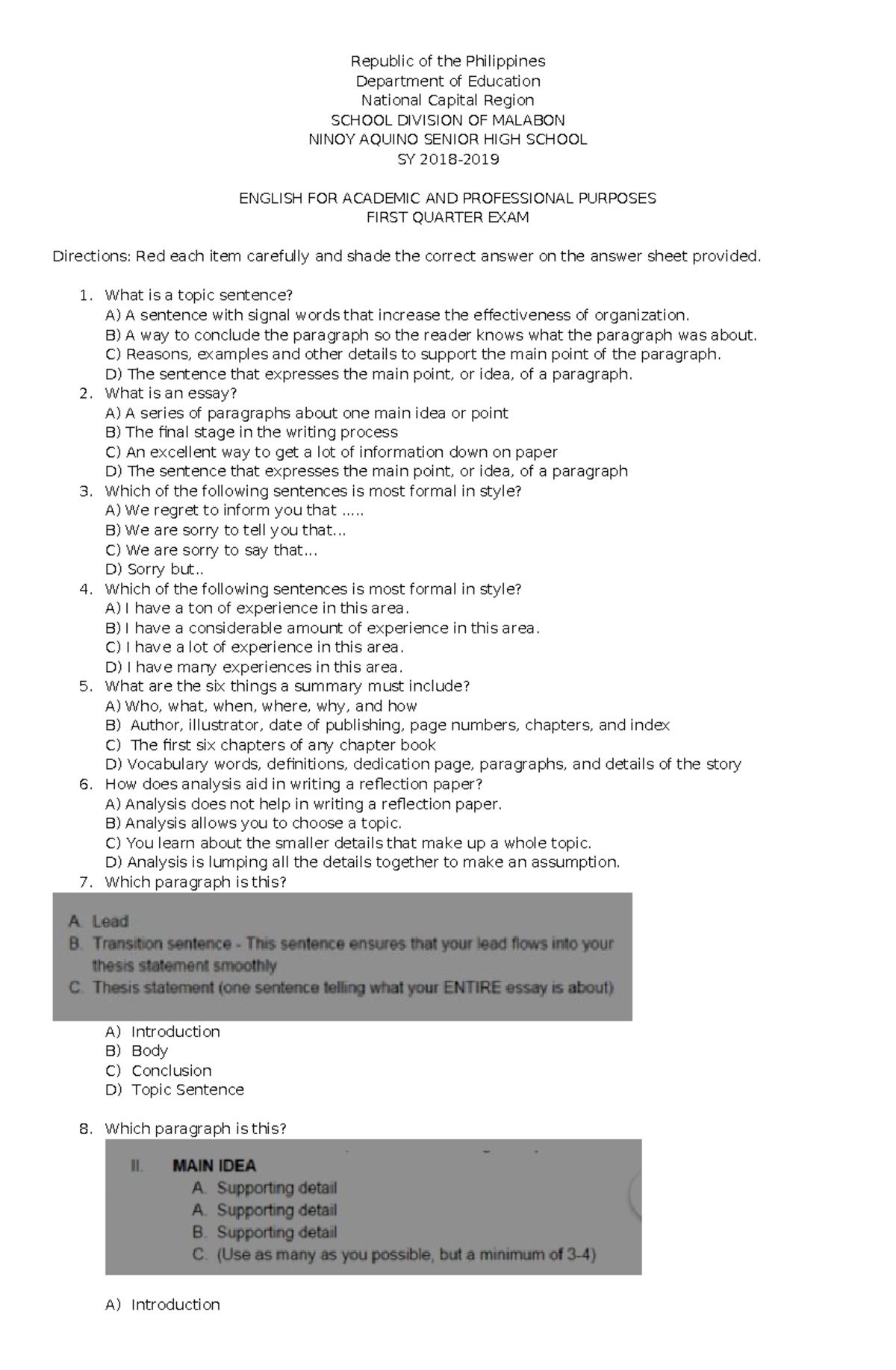 1St quarter exam EAAP - Examination - Republic of the Philippines ...