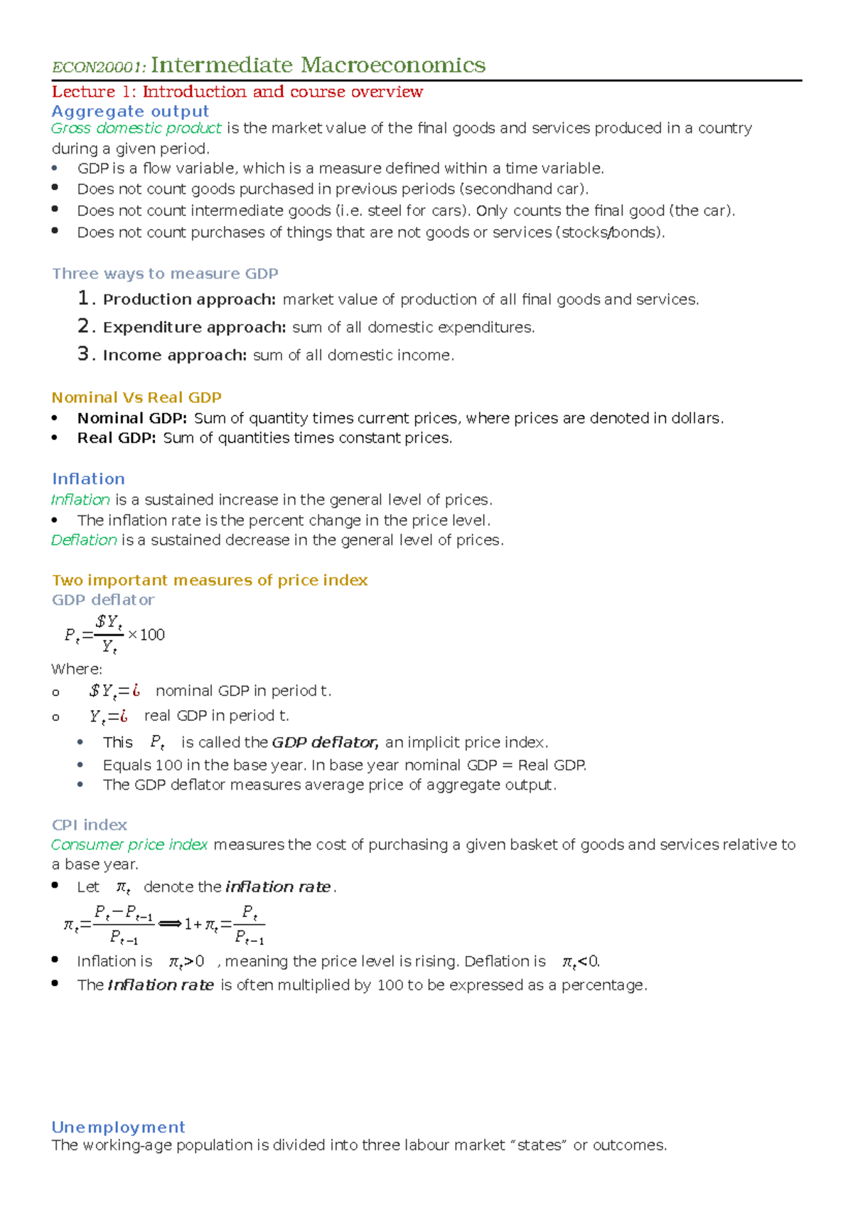 ECON2000 1 - Weeks 1-4 - ECON20001: Intermediate Macroeconomics Lecture 1: Introduction and ...