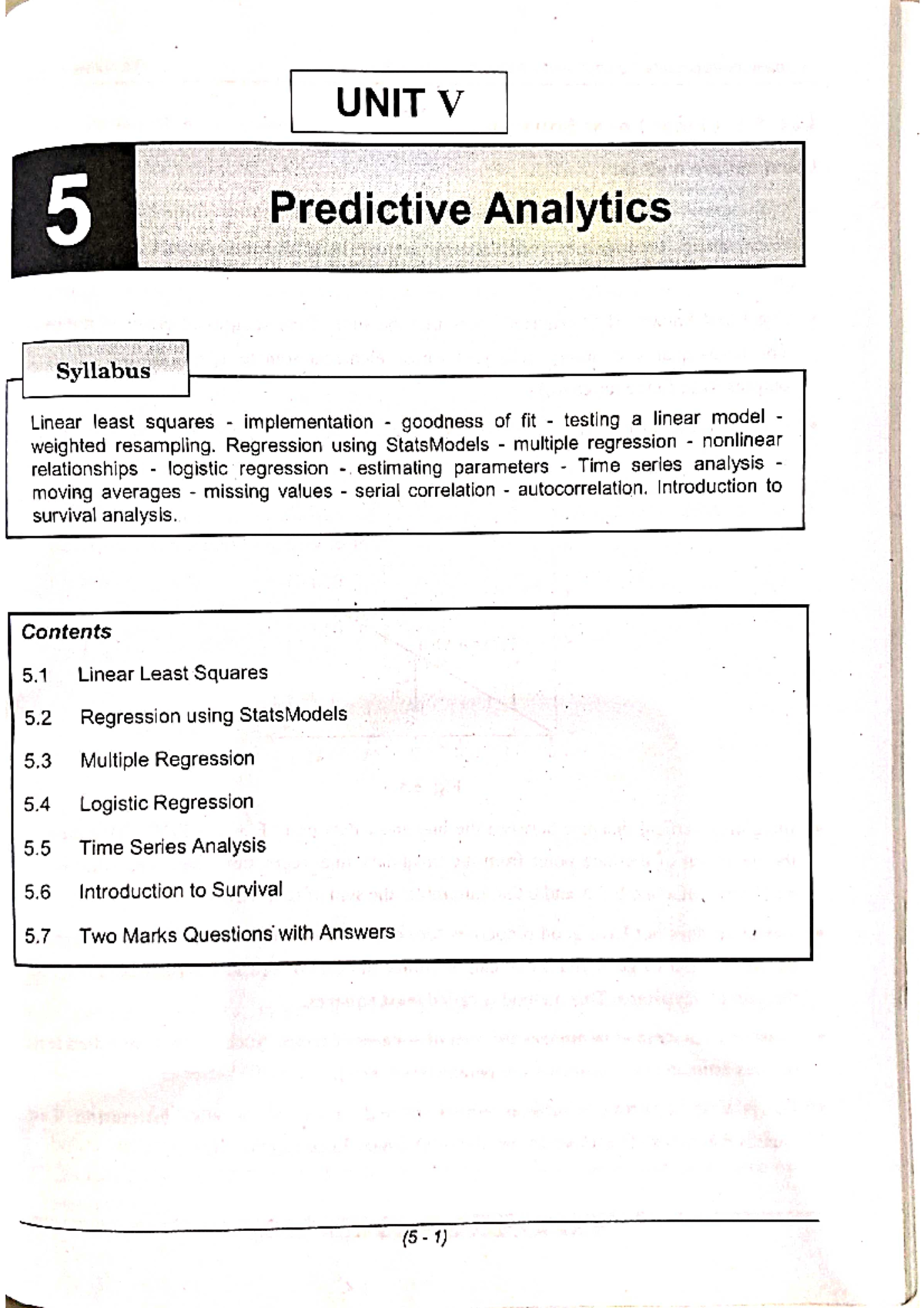 FDS unit 5 - UNIT V 5 Predictive Analytics Syllabus Linear least squares implementation goodness ...