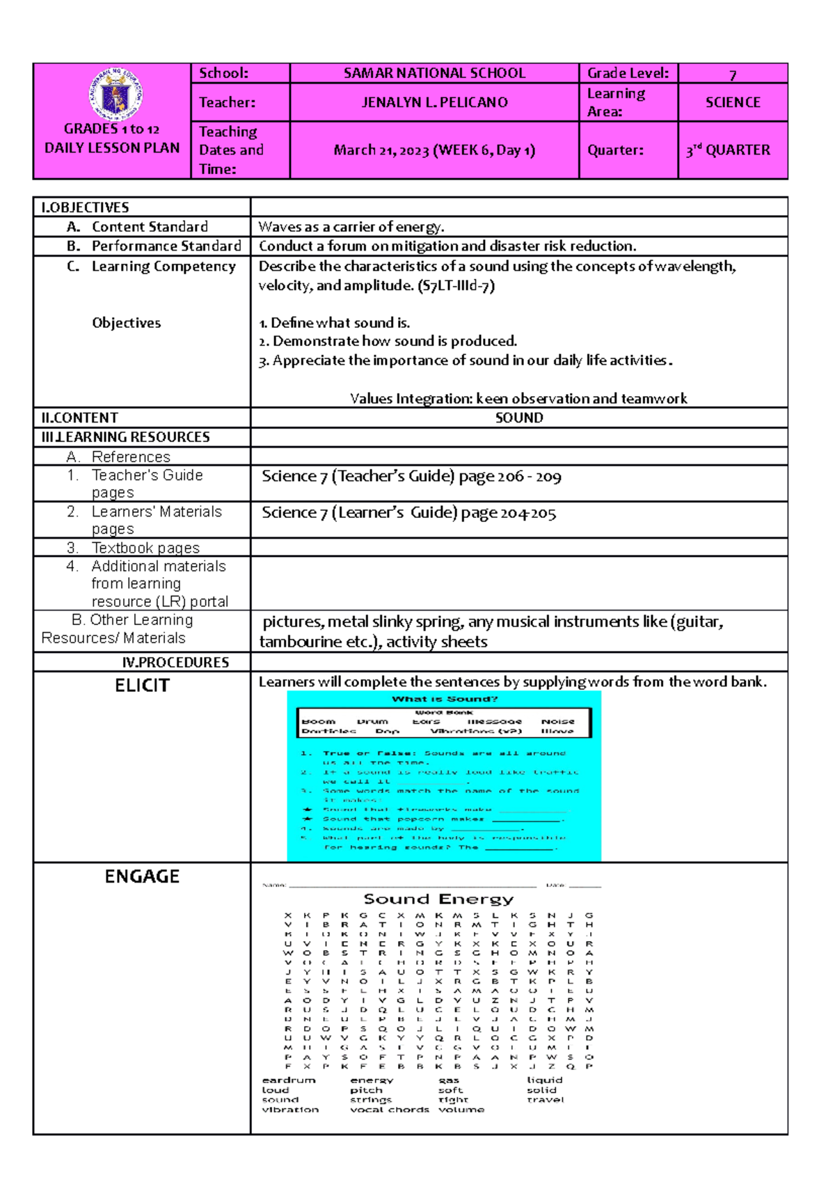 LP Sound-Sounding-Box - GRADES 1 to 12 DAILY LESSON PLAN School: SAMAR ...