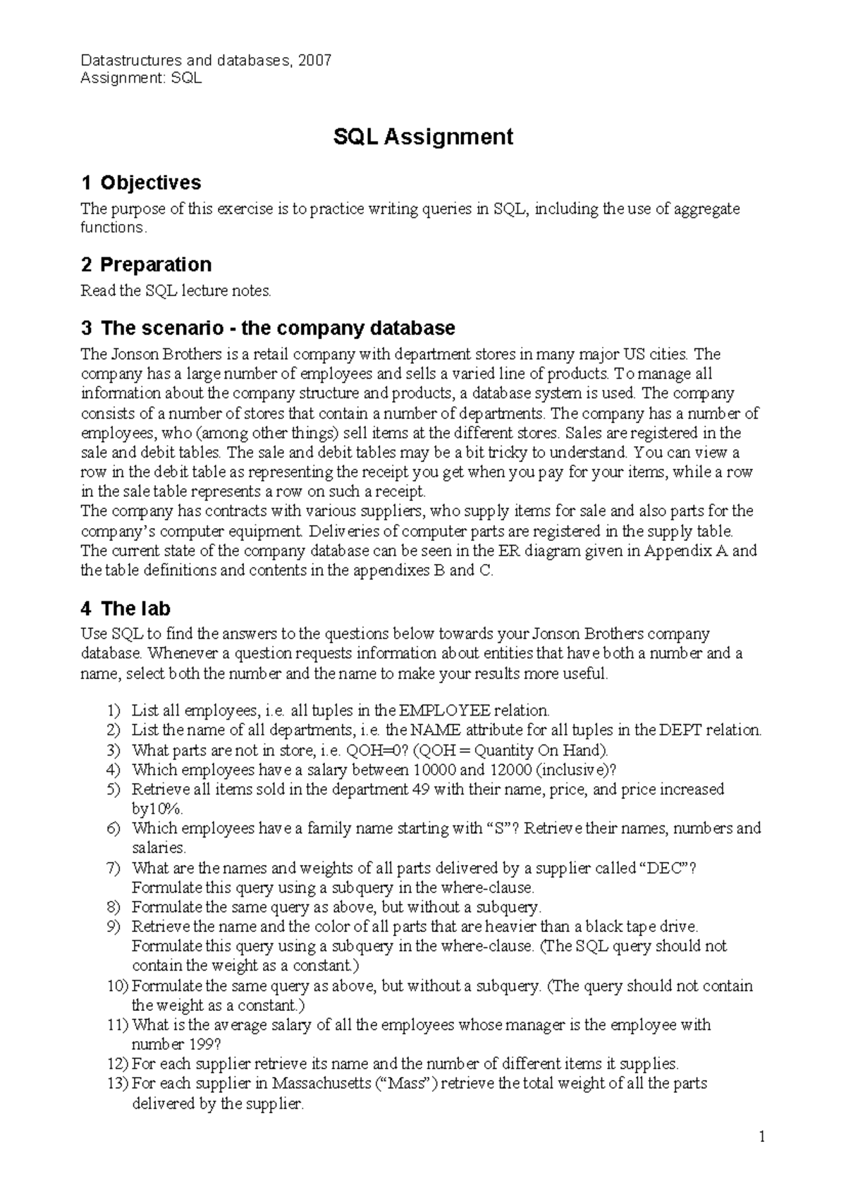 Dsdb ass vt2007 - materials for db learners - Assignment: SQL SQL ...