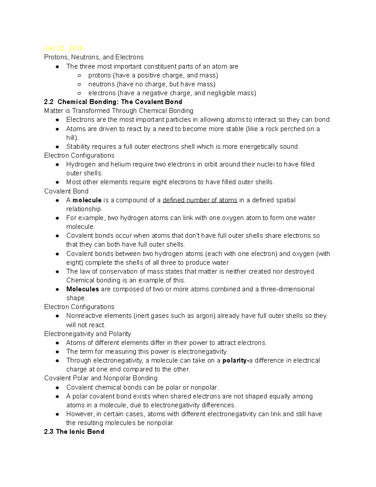 Bio 112 - Lecture notes 2-10 - Jan 22, 2018 Protons, Neutrons, and ...