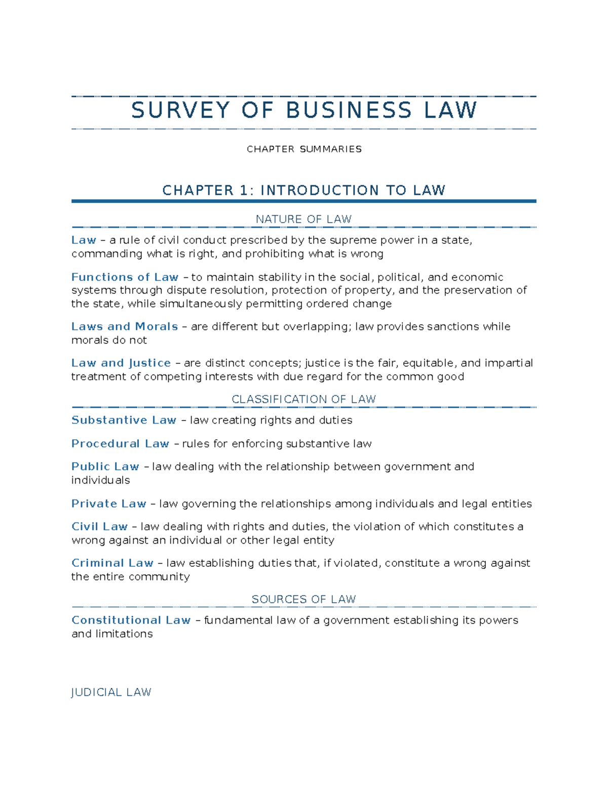 Survey of business law - Chapter Summaries Q2 - S U RV E Y O F B U S I ...
